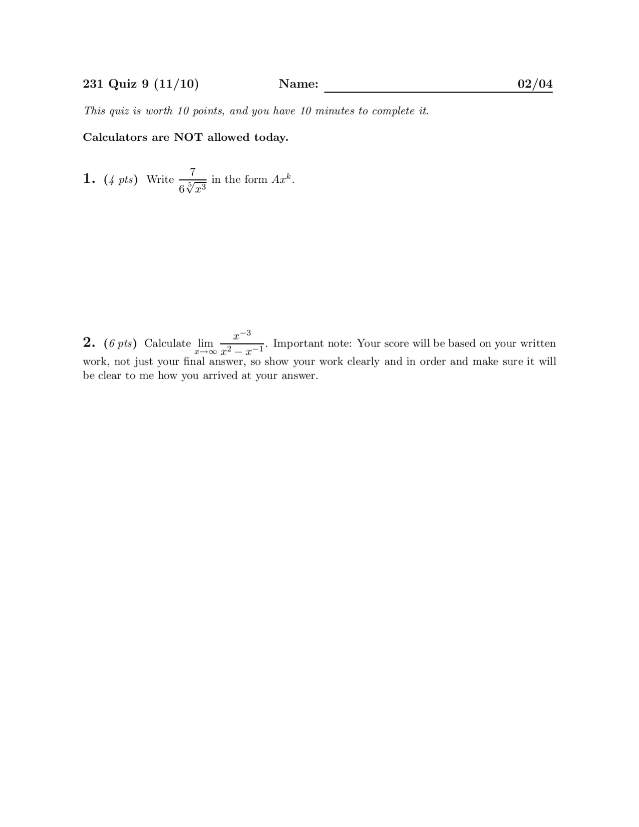 Integration Based Questions Quiz 9 Math 231 Docsity