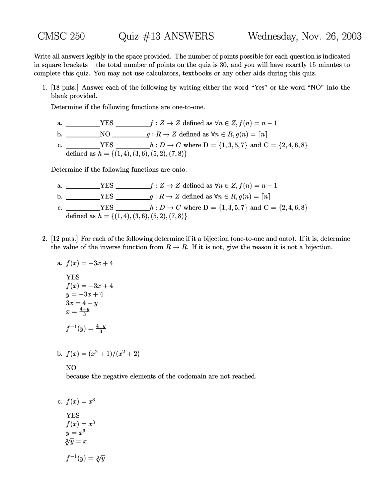 Quiz 13 With Answers Discrete Structures 2003 Cmsc 250 Docsity