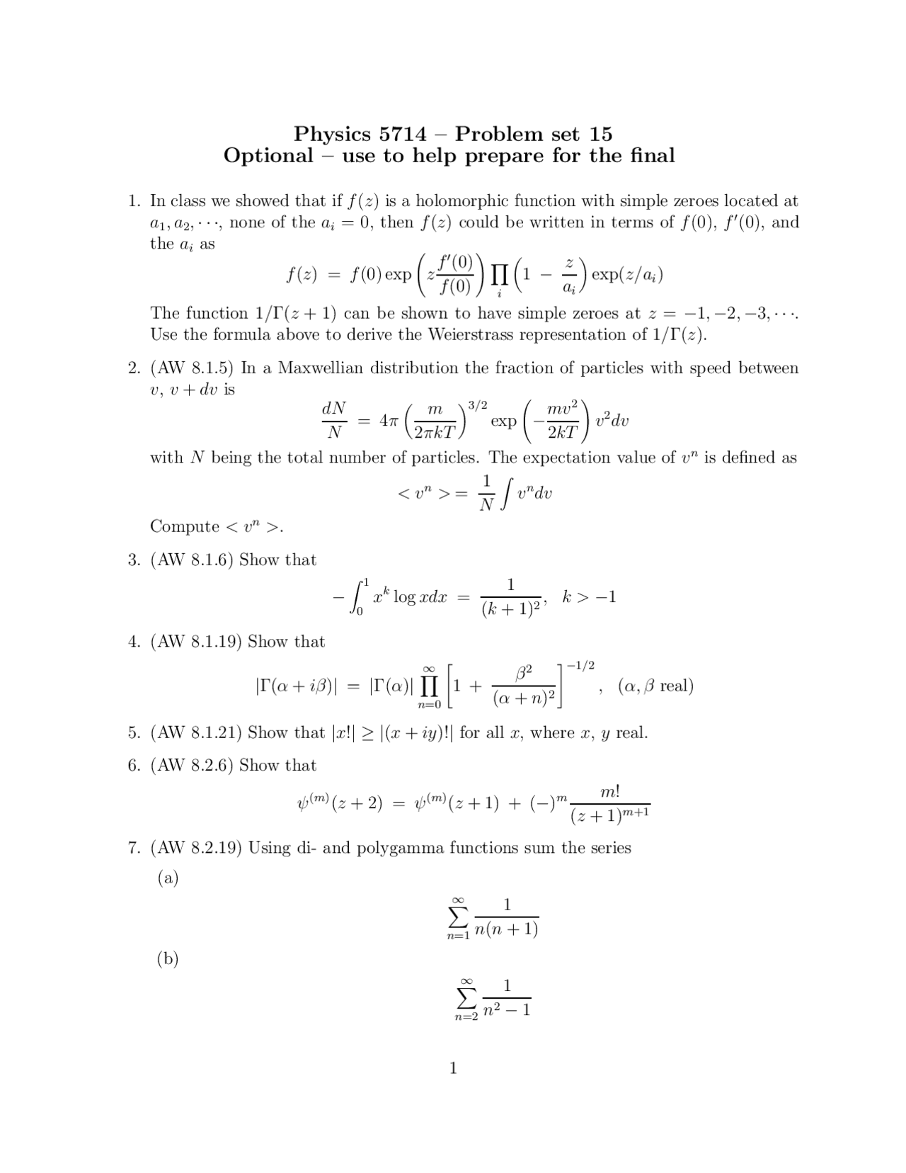 Problem Set 15 For Final Preparation Methods Of Theoretical Physics