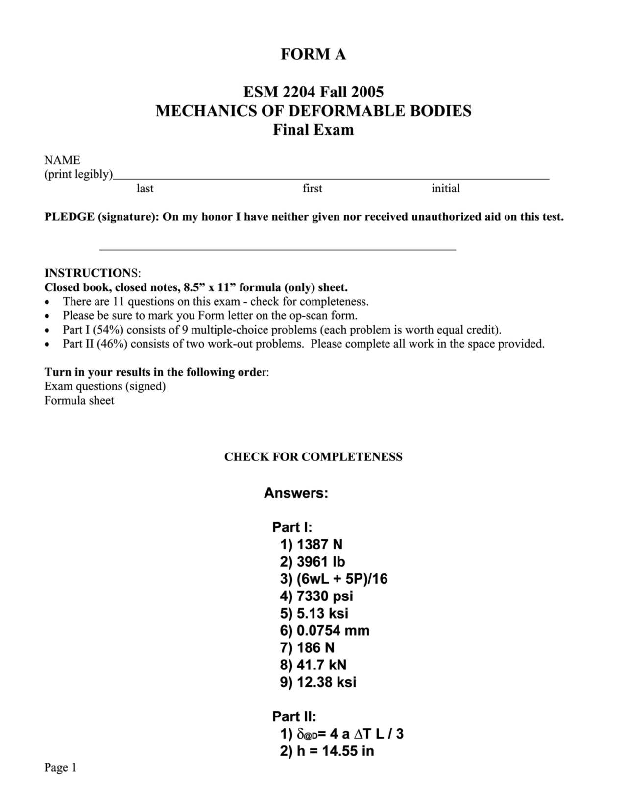 Final Exam Form A - Mechanics of Deformable Bodies | ESM 2204 | Exams ...