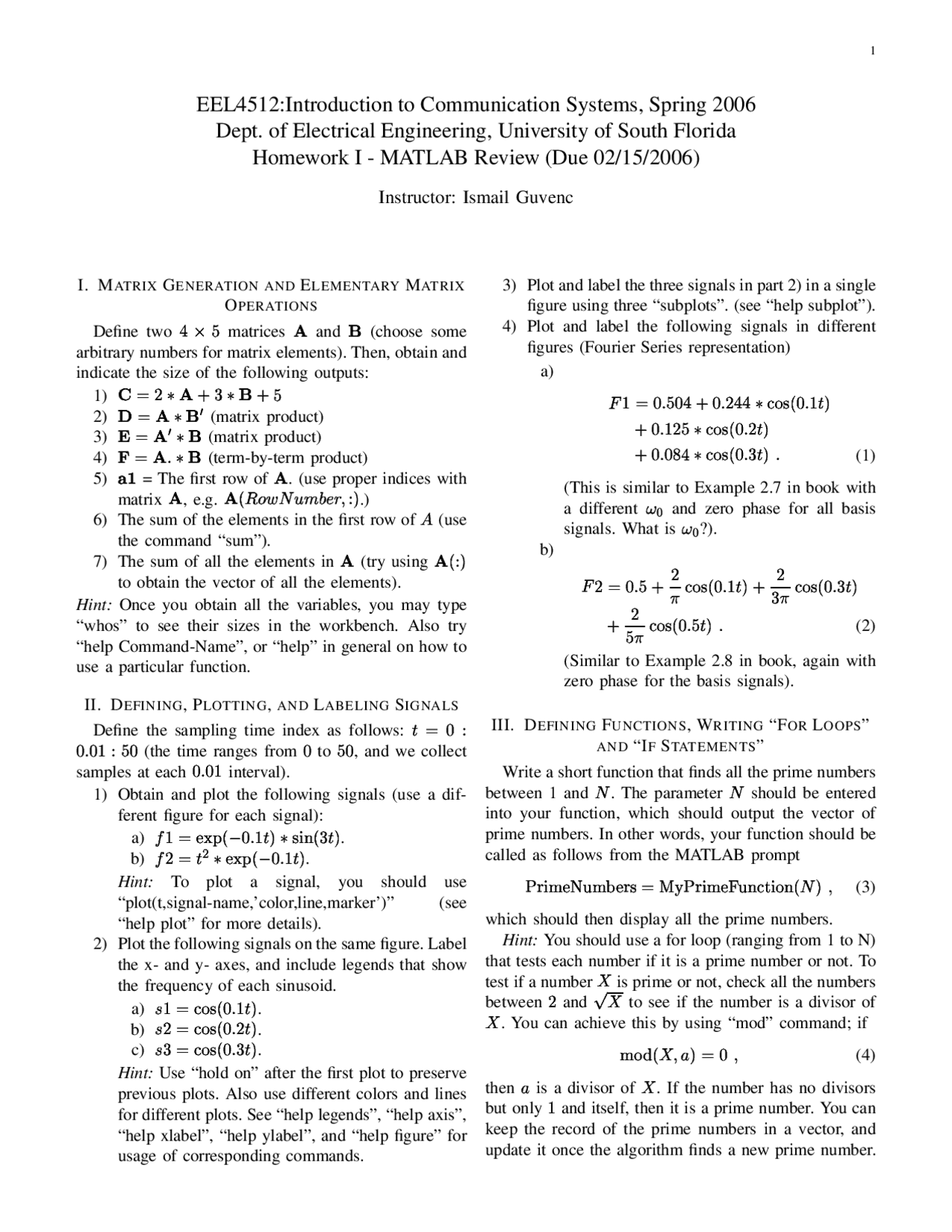 Matlab Review Homework 1 Communication Systems Eel 4512c Docsity