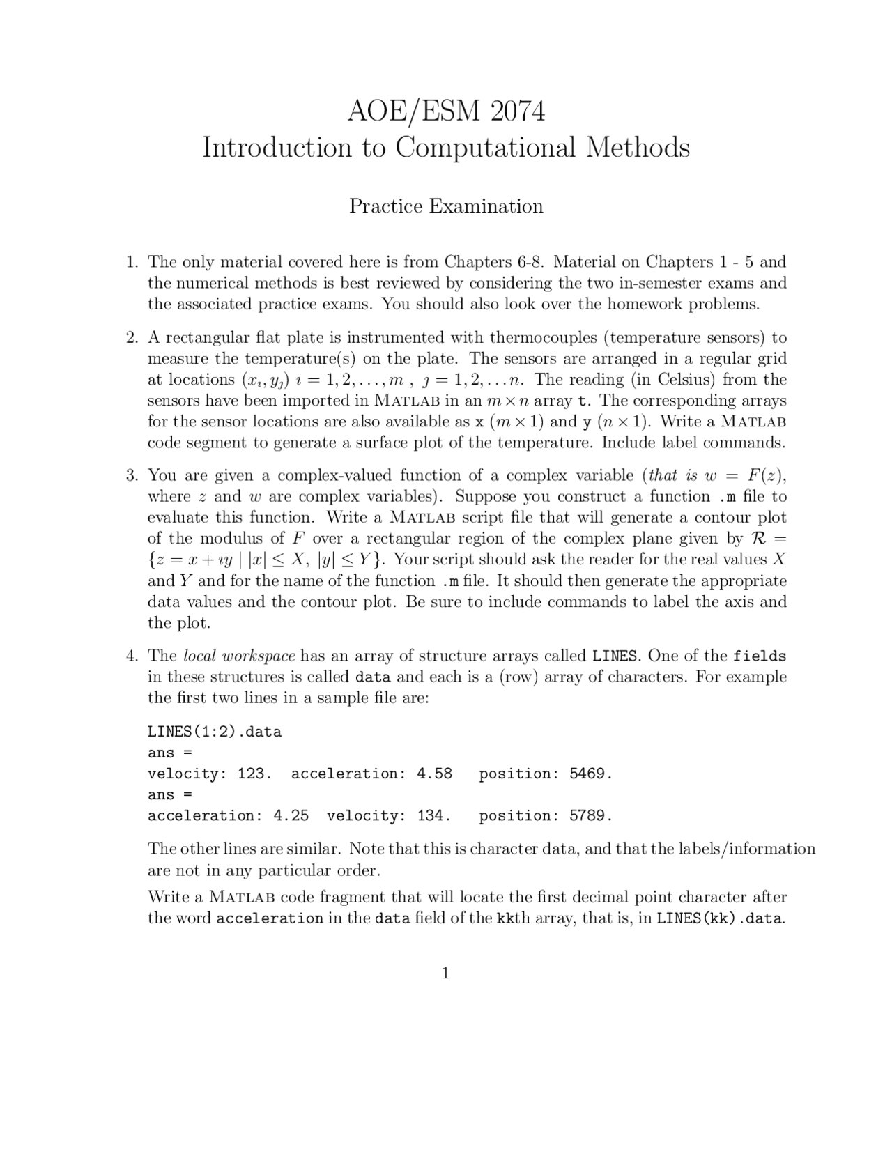 Practice Exam For Introduction Computational Methods Esm 2074 Docsity