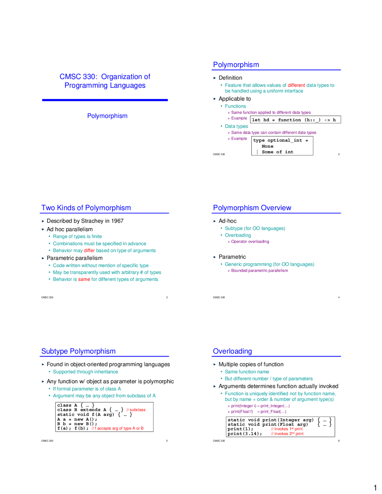 Lecture Notes On Polymorphism Organization Of Programming Language Cmsc 330 Docsity