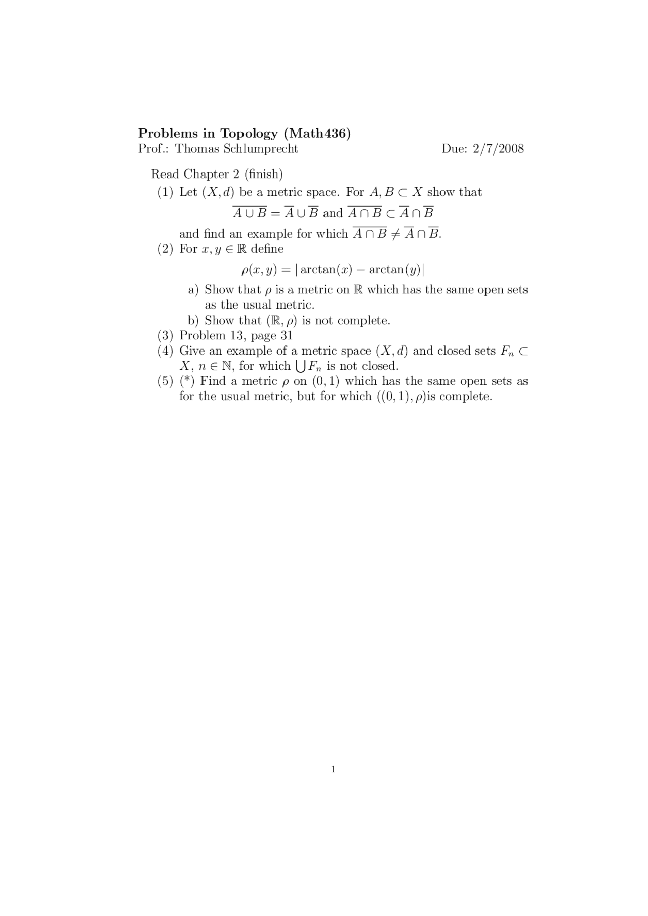 Metric Space Assignment 3 Introduction To Topology Math 436 Docsity