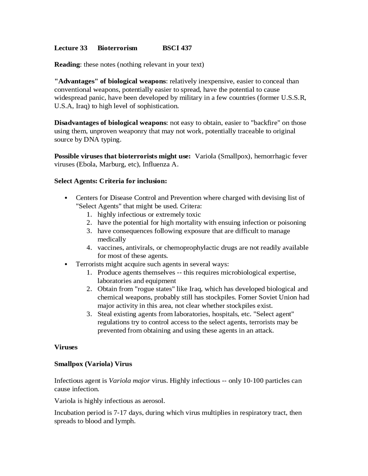 Bioterrorism General Virology Lecture Handout Bsci 437 Docsity