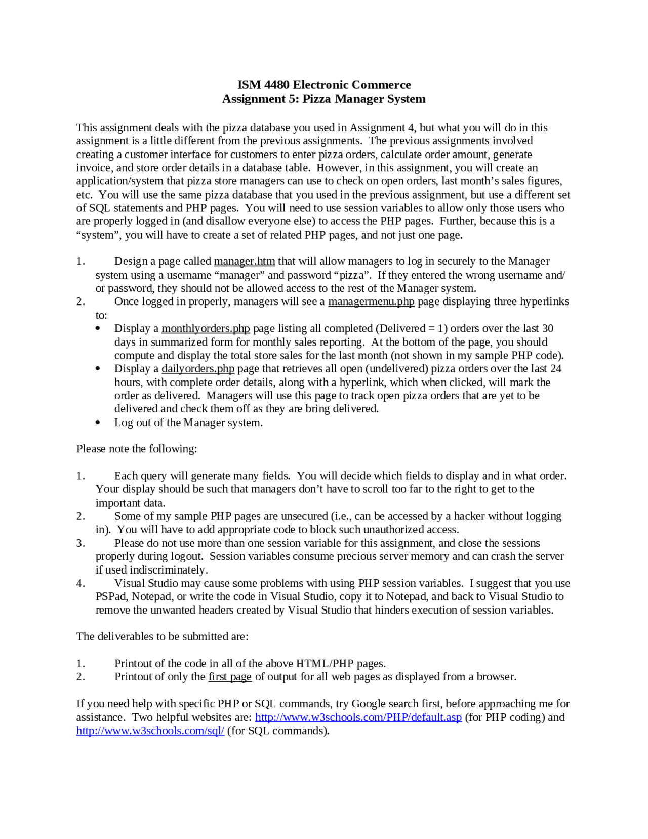 Pizza Management System - Assignment 5 | ISM 4480 - Docsity