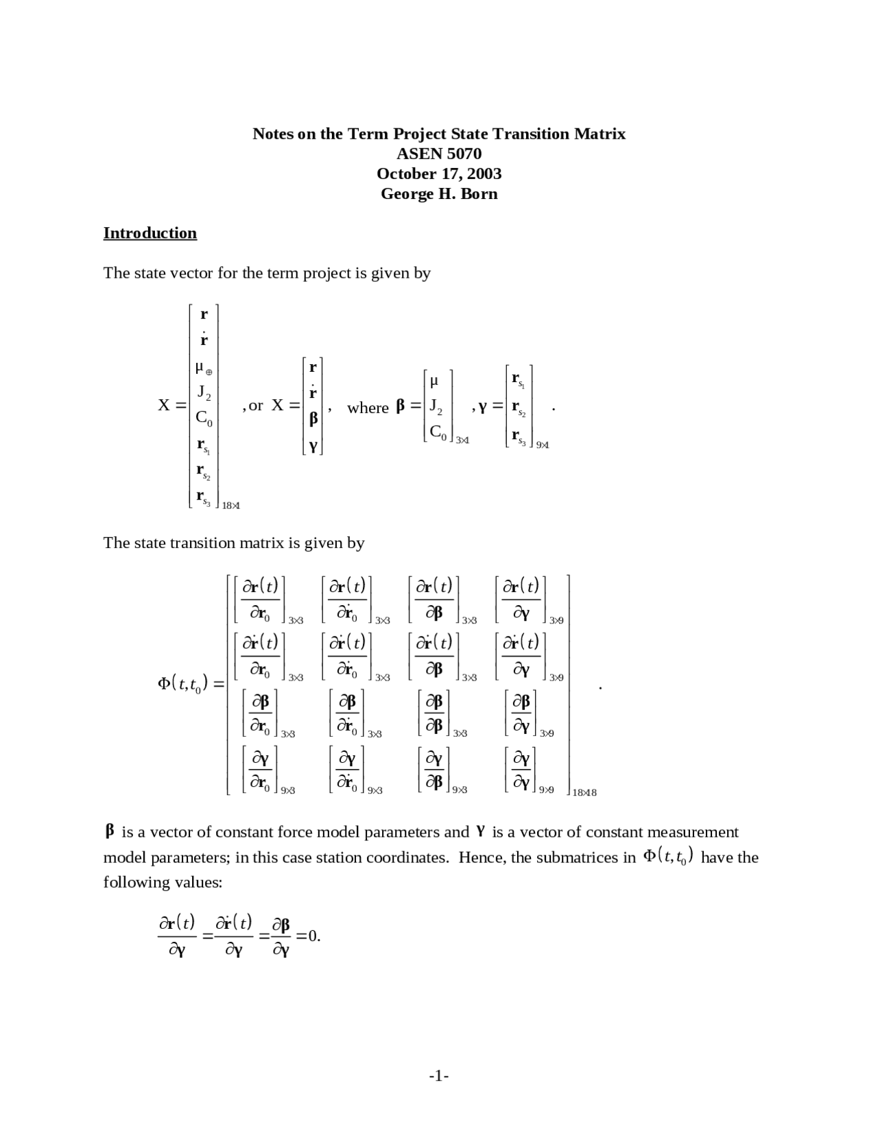 Notes on the Term Project State Transition Matrix | ASEN 5070 - Docsity