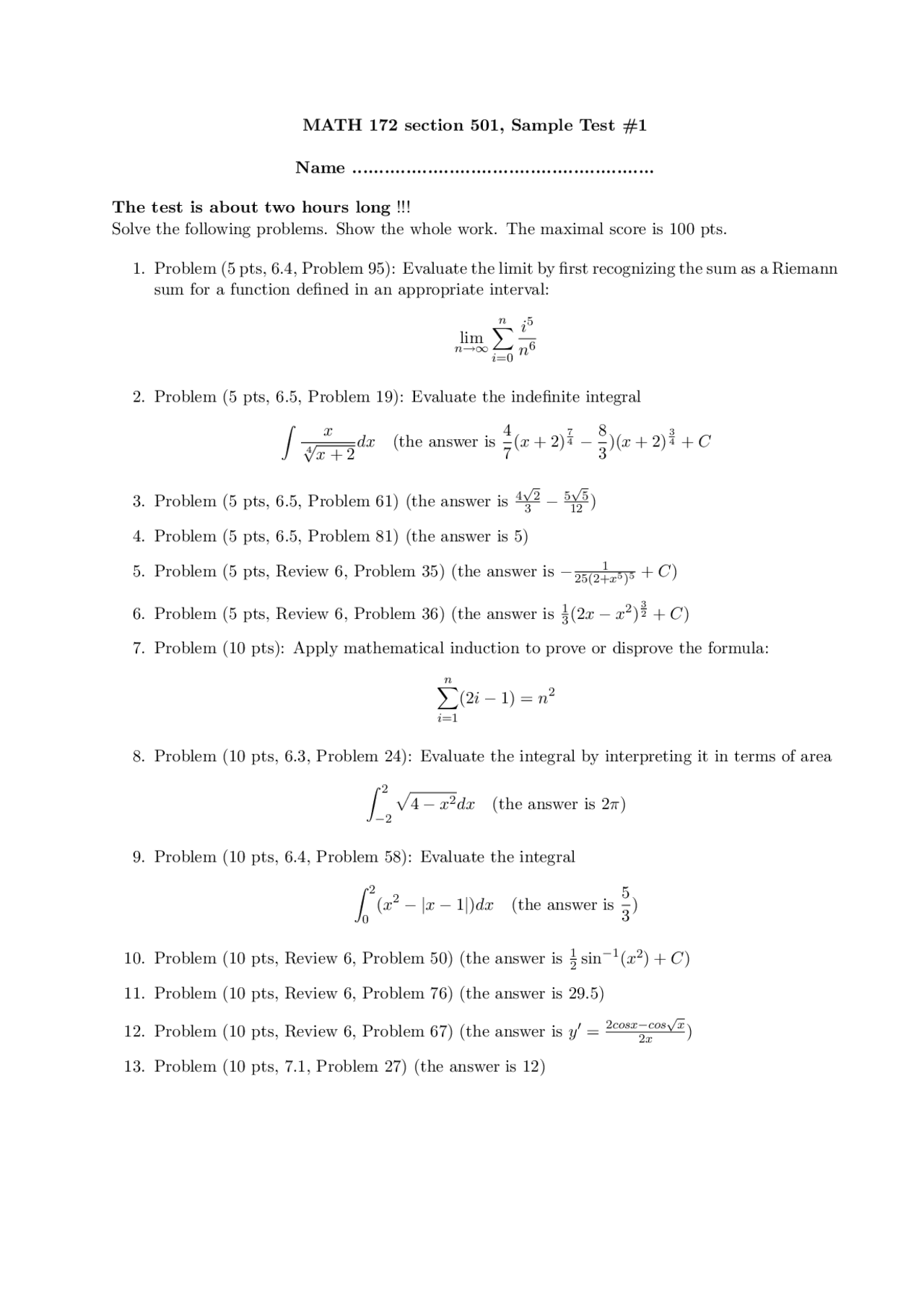 13 Problems On Honor Calculus Examination 1 Math 172 Docsity