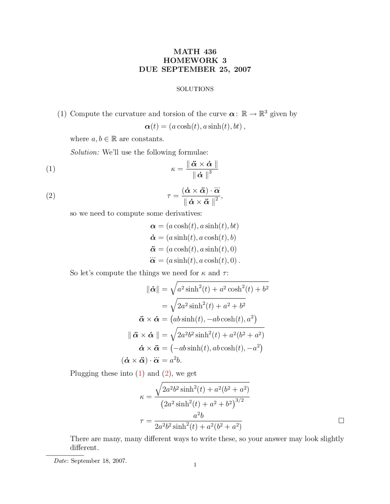 Homework 3 With Solutions Differential Geometry I Math 436 Docsity
