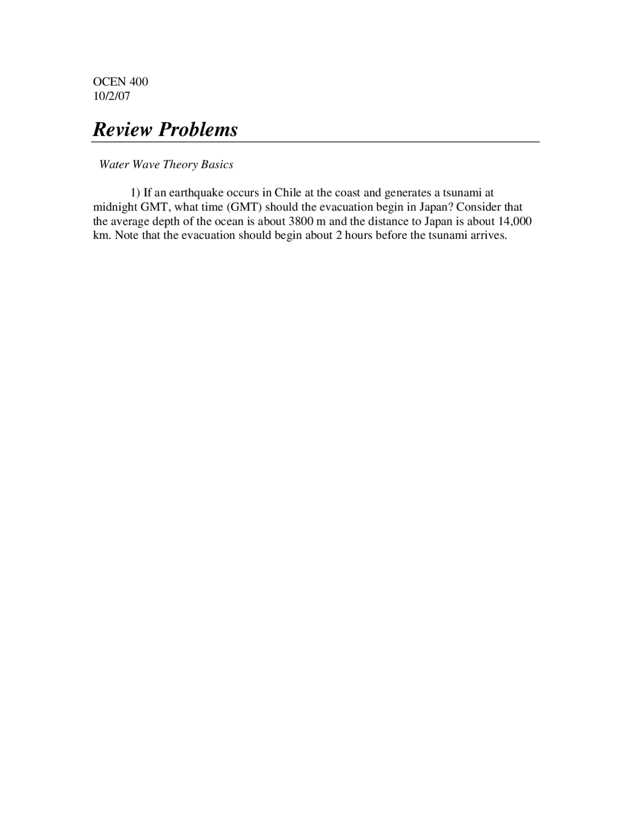 Review Problems For Water Wave Theory Basics Ocen 400 Docsity