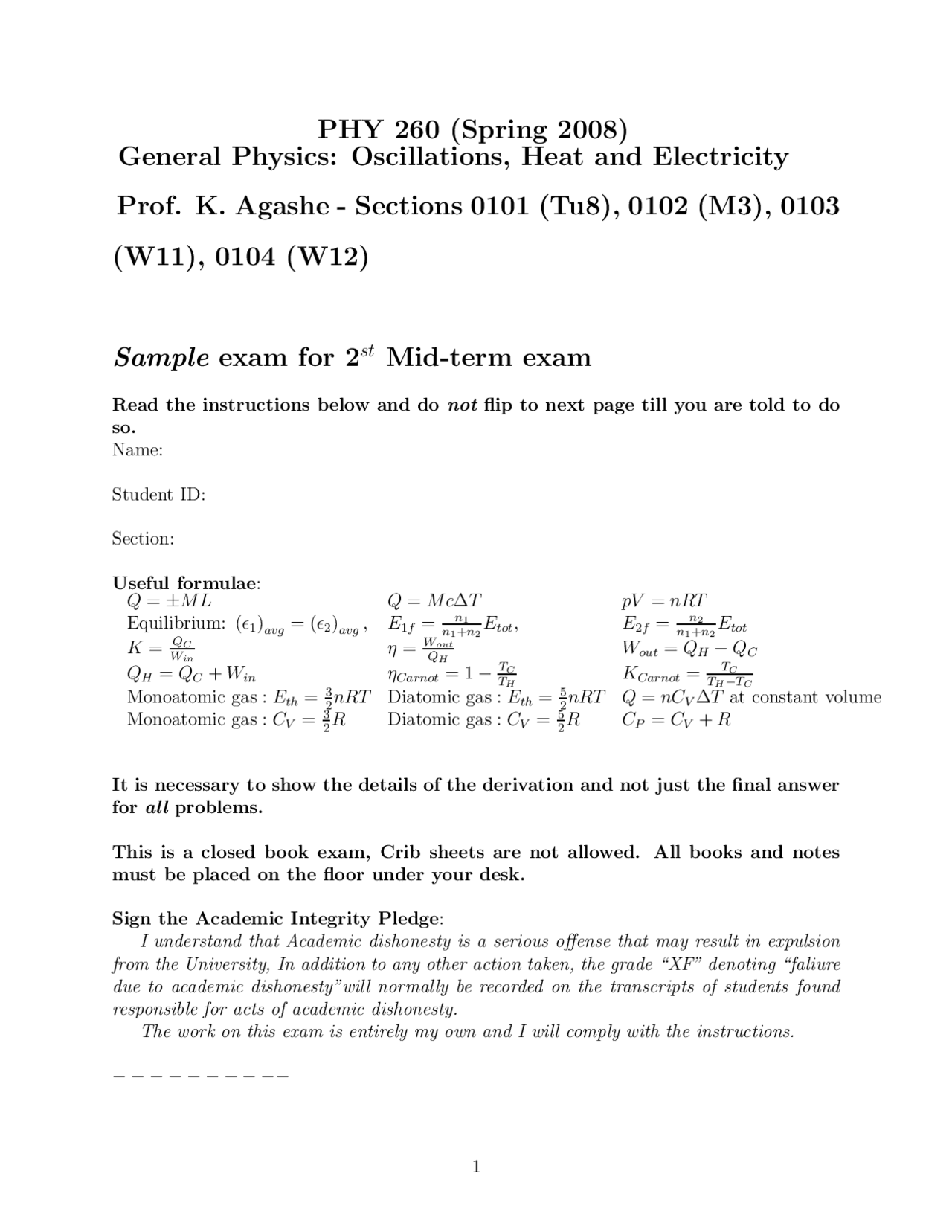 Oscillations Heat And Electricity In Physics Exam 2 Phys 260 Docsity