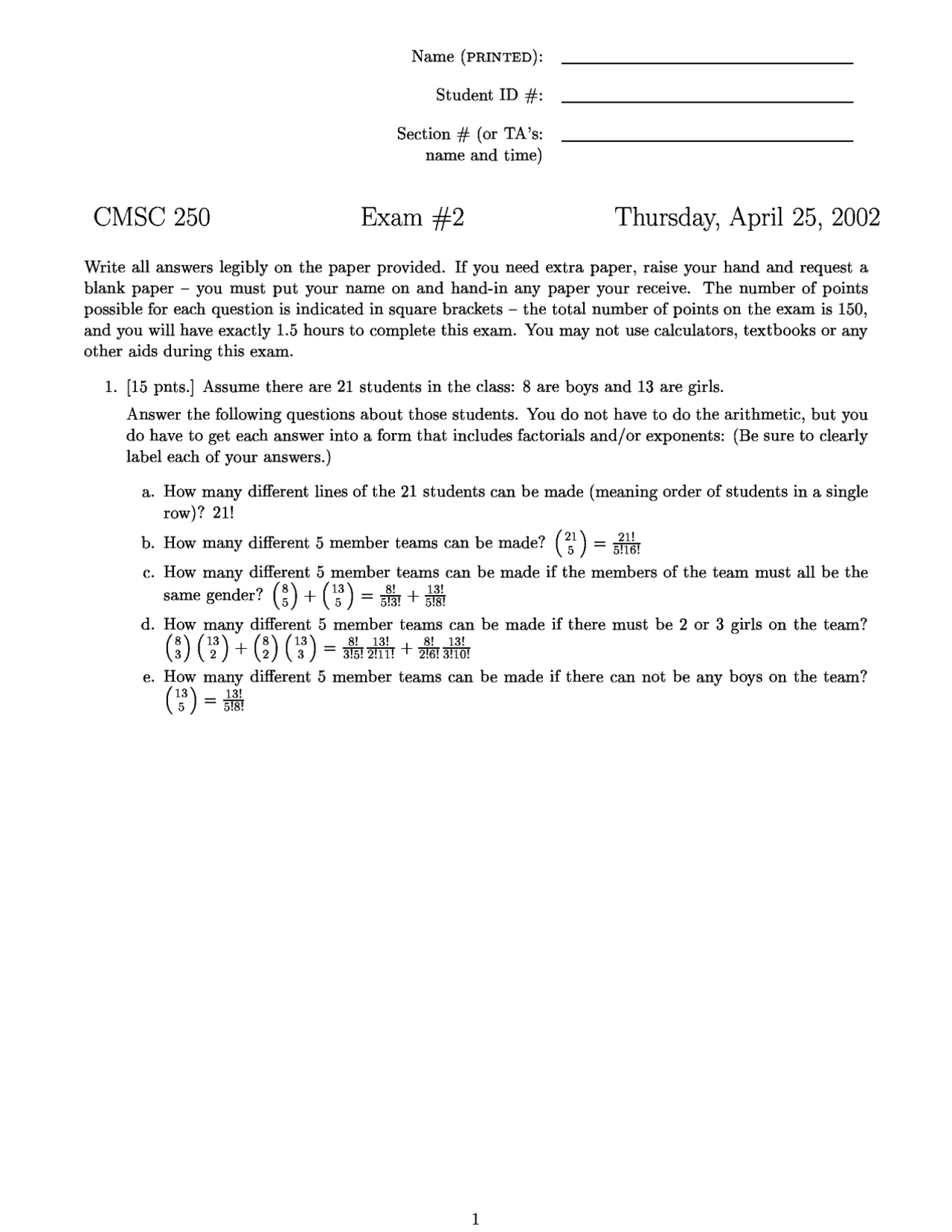 Exam 2 With Solution Discrete Structures Cmsc 250 Docsity