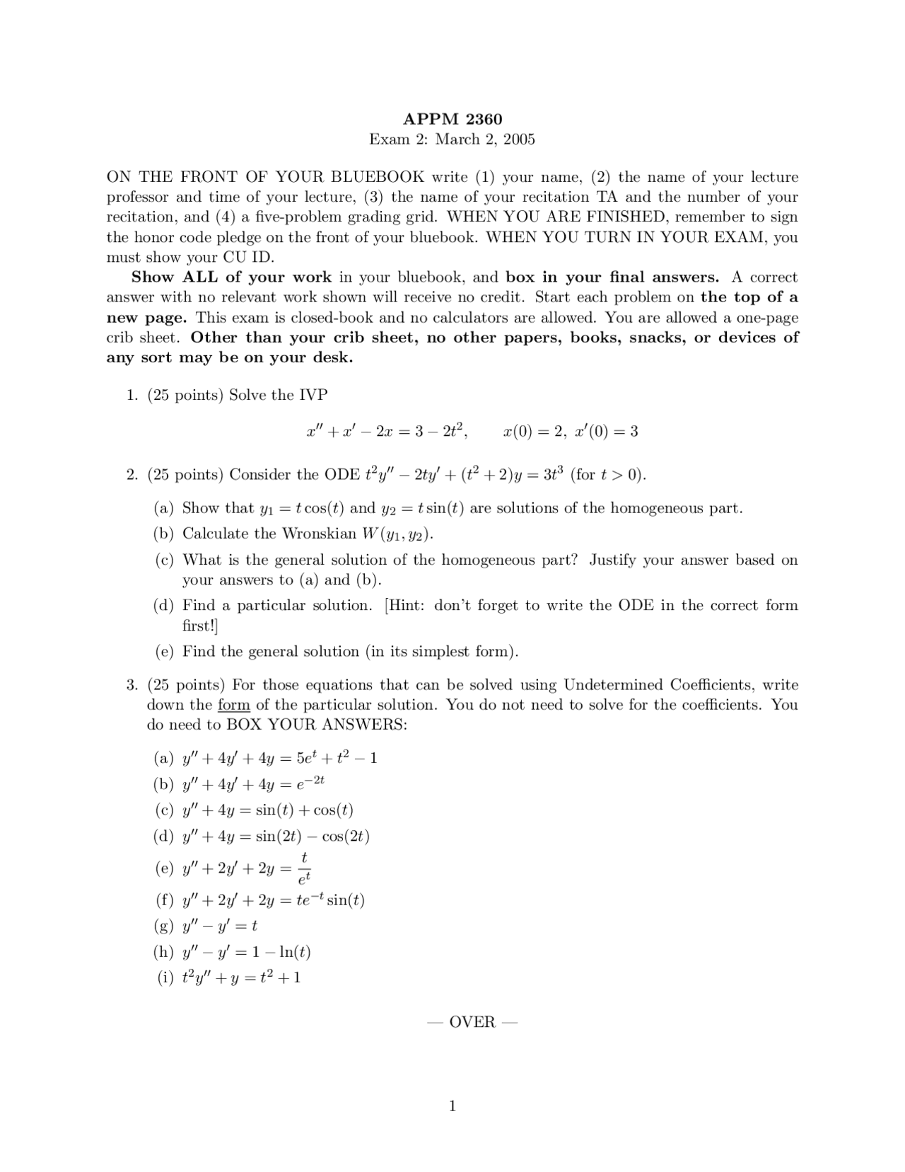 Exam 2 With 4 Questions Differential Equations With Linear Algebra