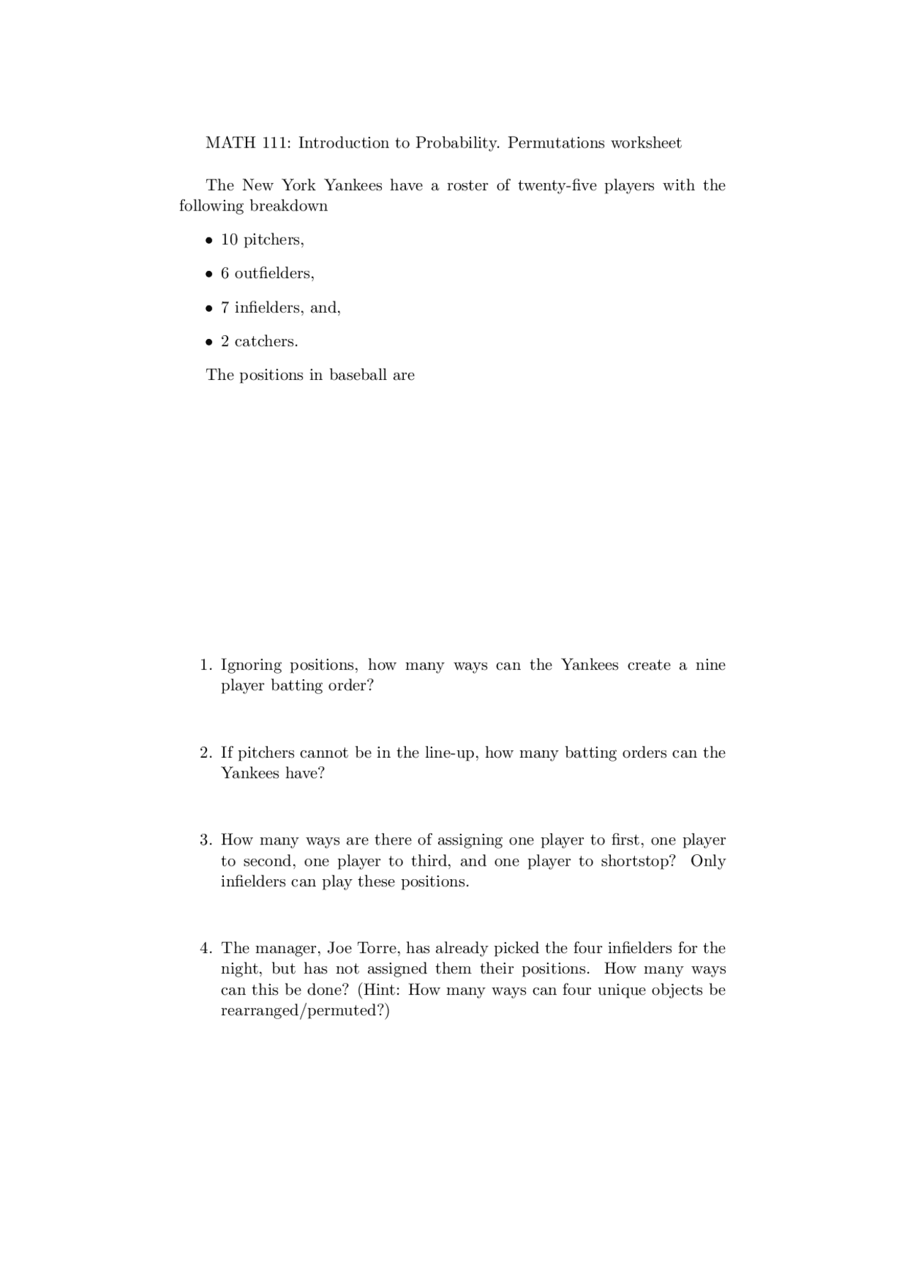 10 Questions in Probability, Permutations Worksheet | MATH 111 - Docsity