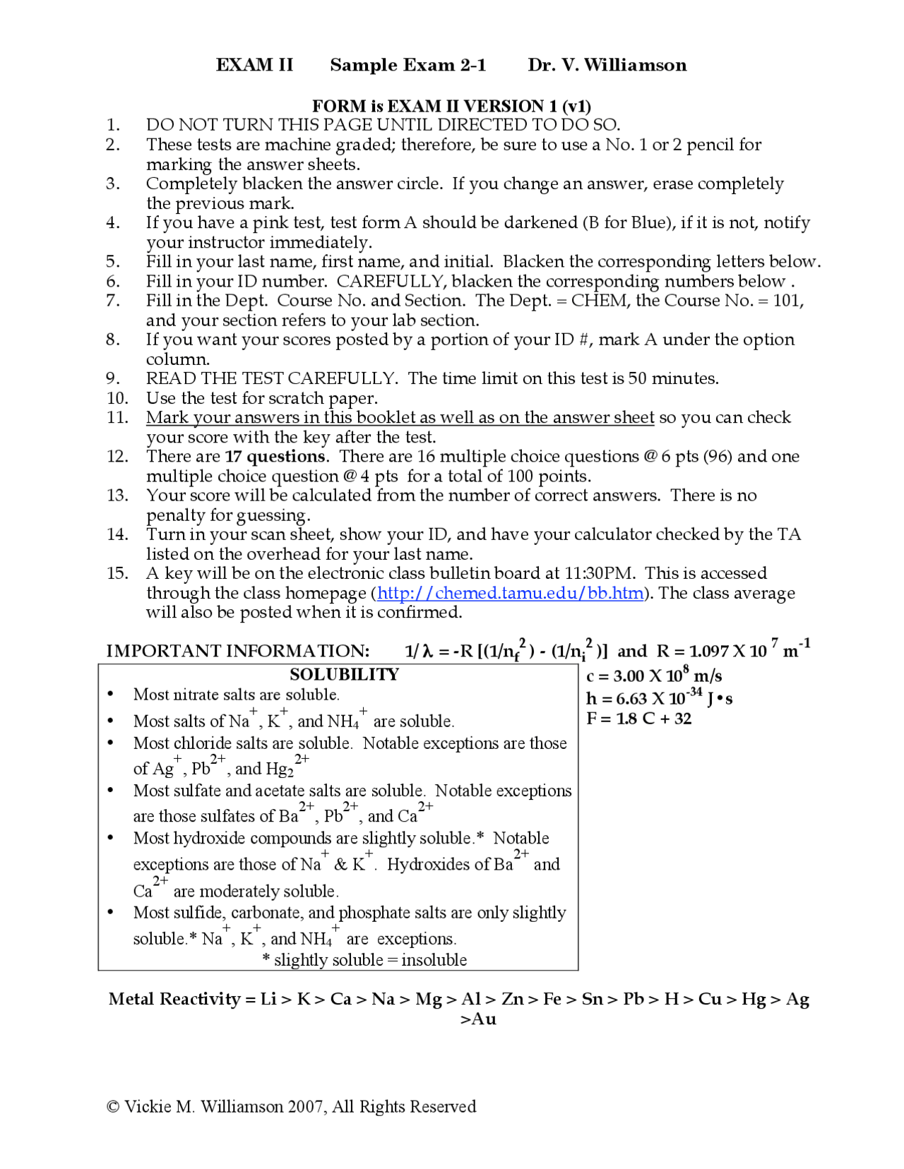 Fundamentals Of Chemistry Reactivity Exercices For Exam Chem 101