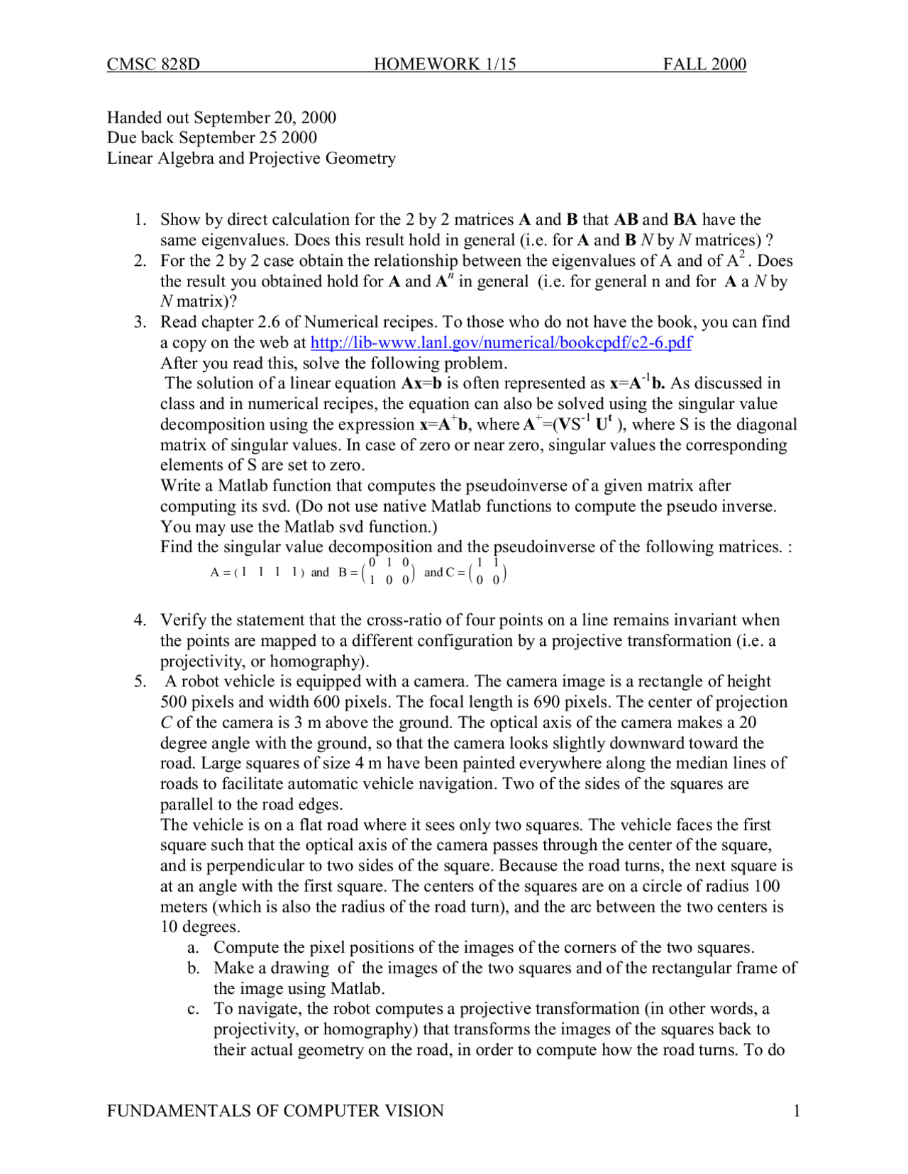 Linear Algebra And Projective Geometry Assignment Cmsc 828d Docsity