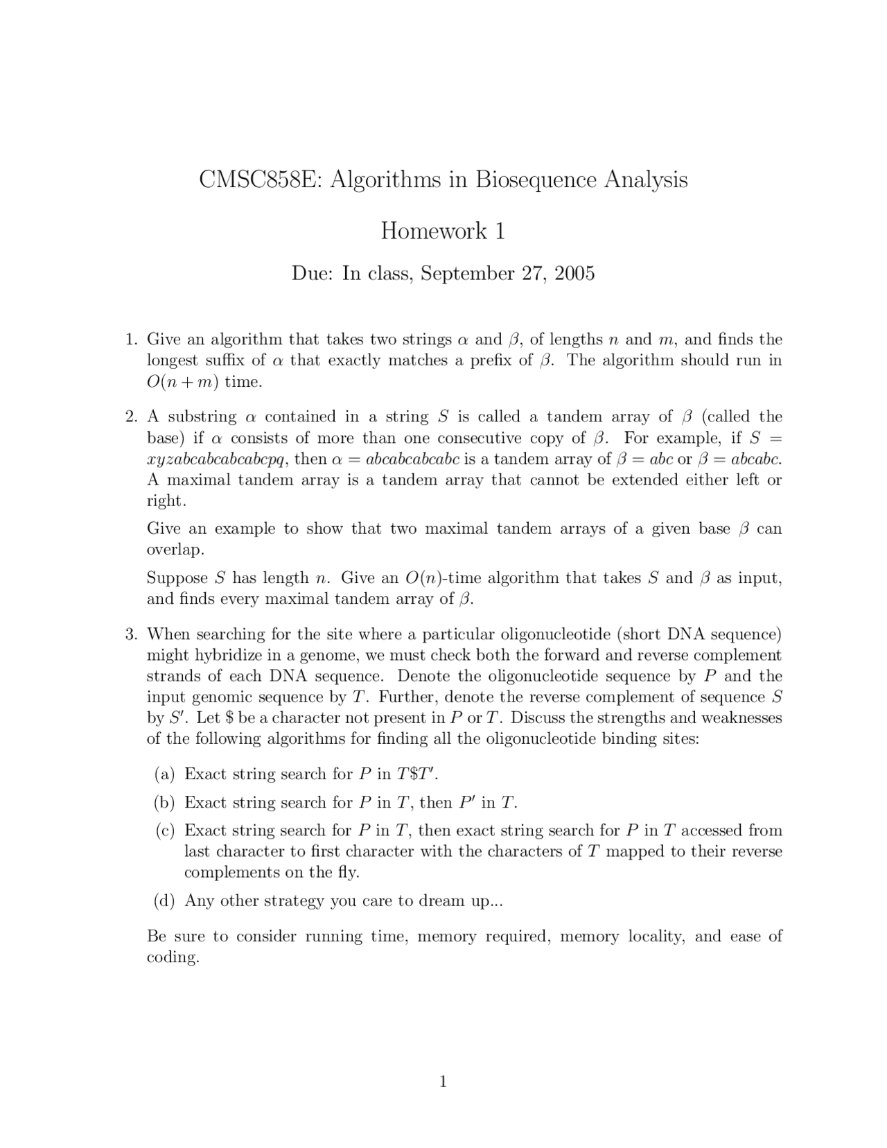 Homework 1 For Algorithm In Biosequence Analysis Cmsc 858 Docsity