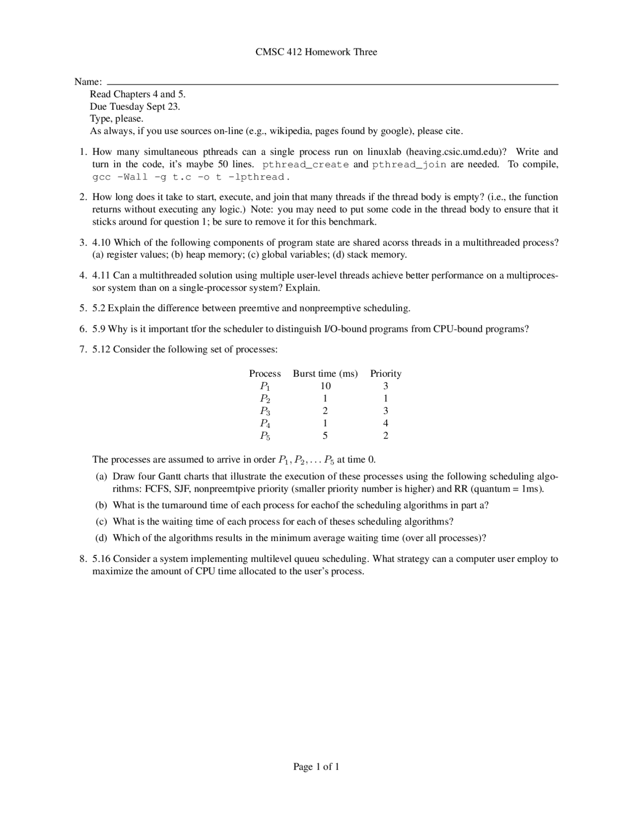 Operating Systems Solutions For Homework 3 Cmsc 412 Docsity