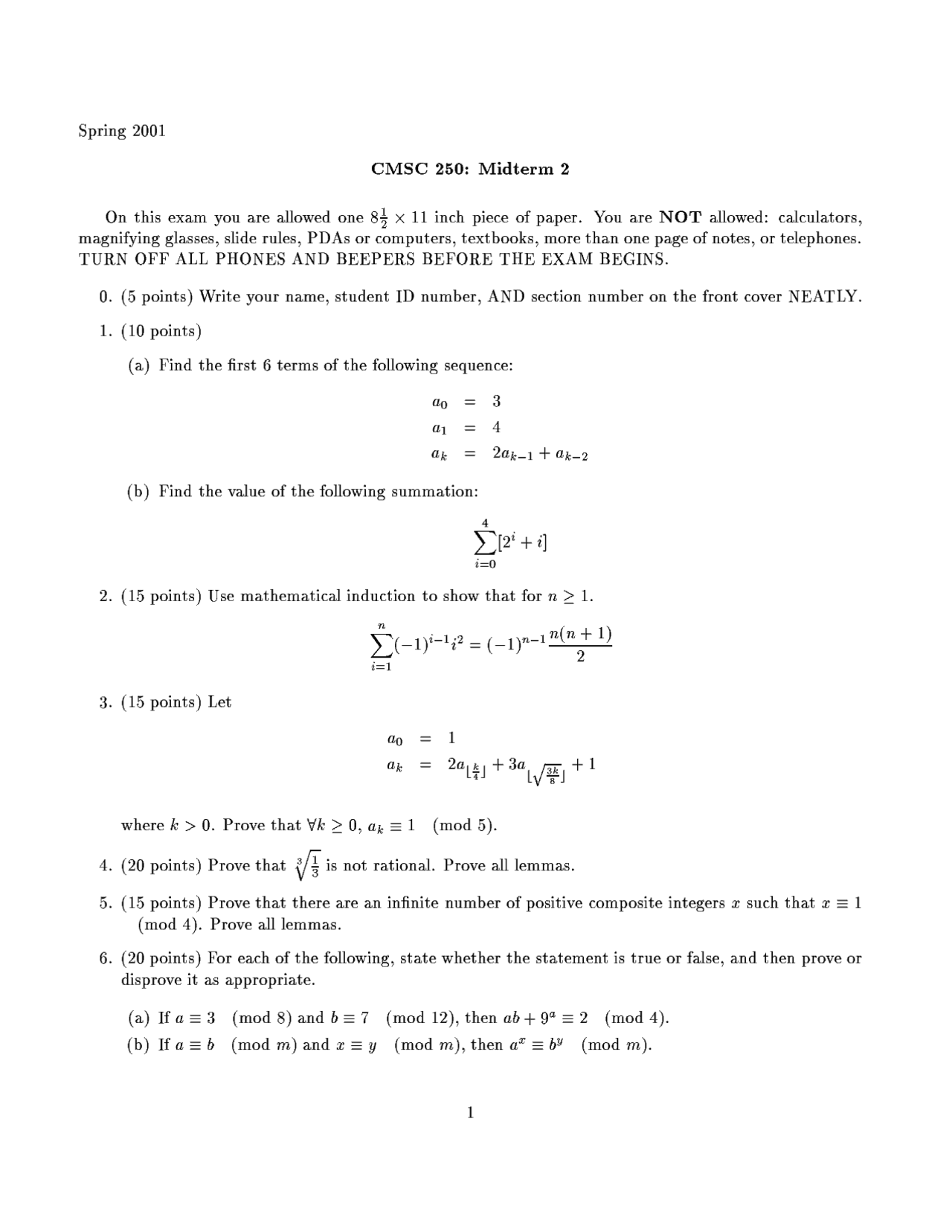 6 Questions In Midterm Exam 2 Discrete Structures Spring 2001 Cmsc 250 Docsity