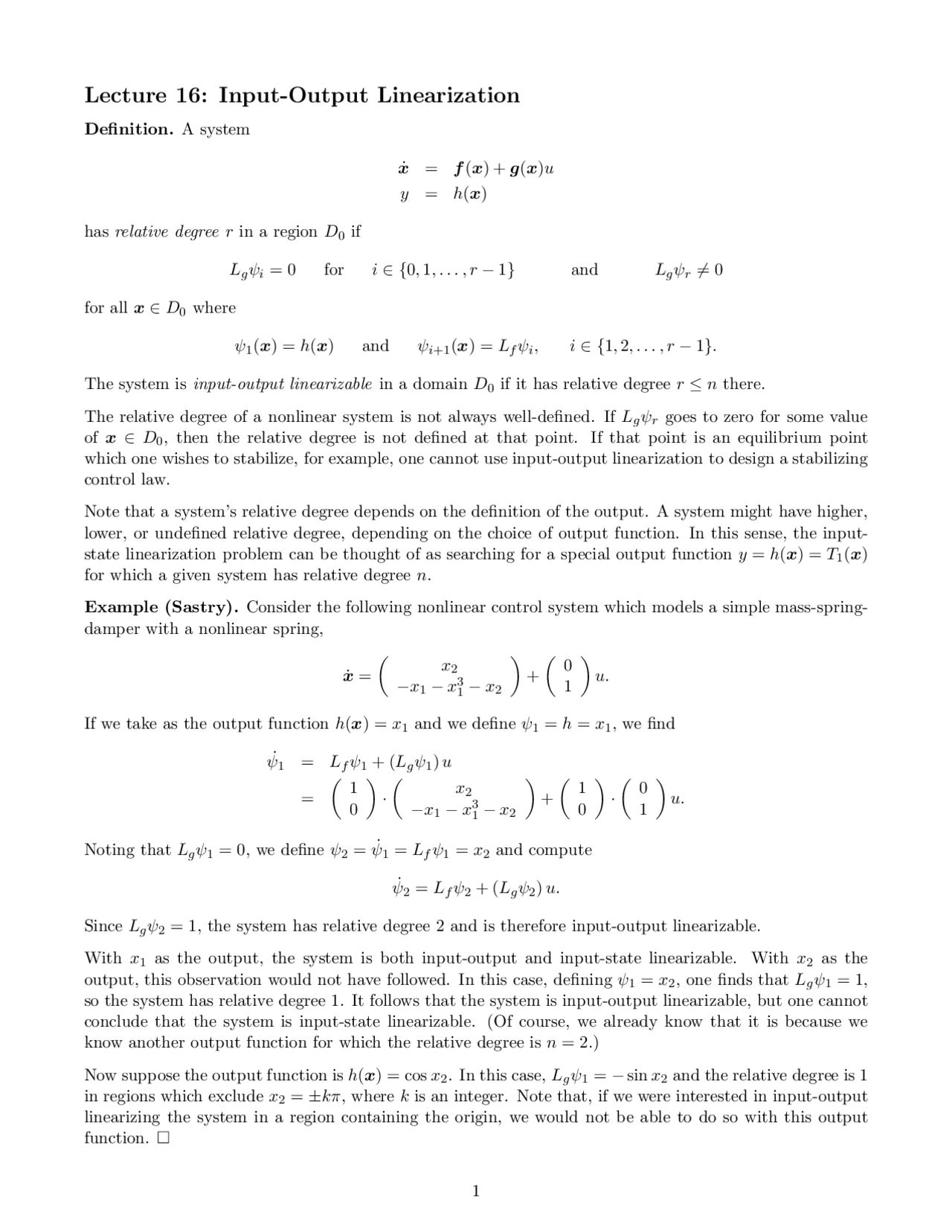 Lecture 16 Input Output Linearization Aoe 5344 Docsity