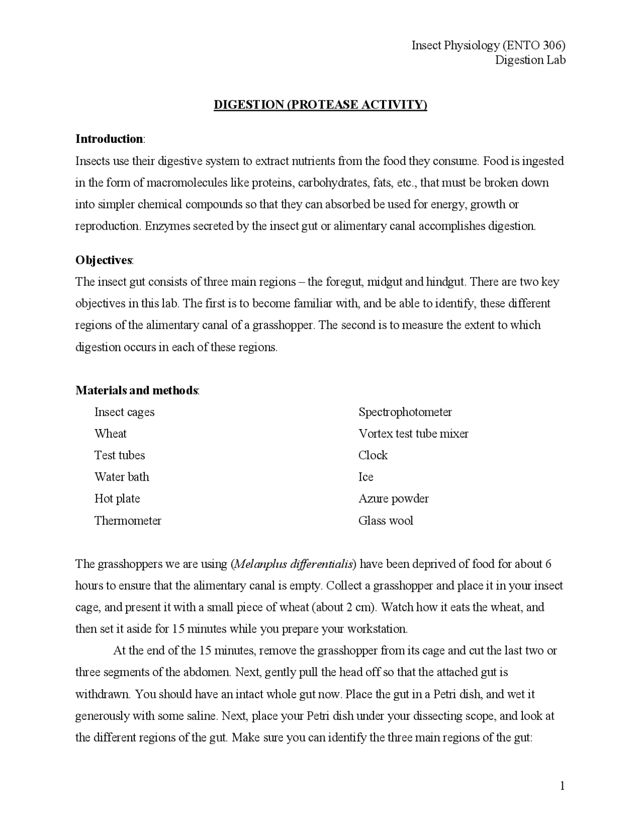 Digestion Lab of Protease Activity | ENTO 306 - Docsity
