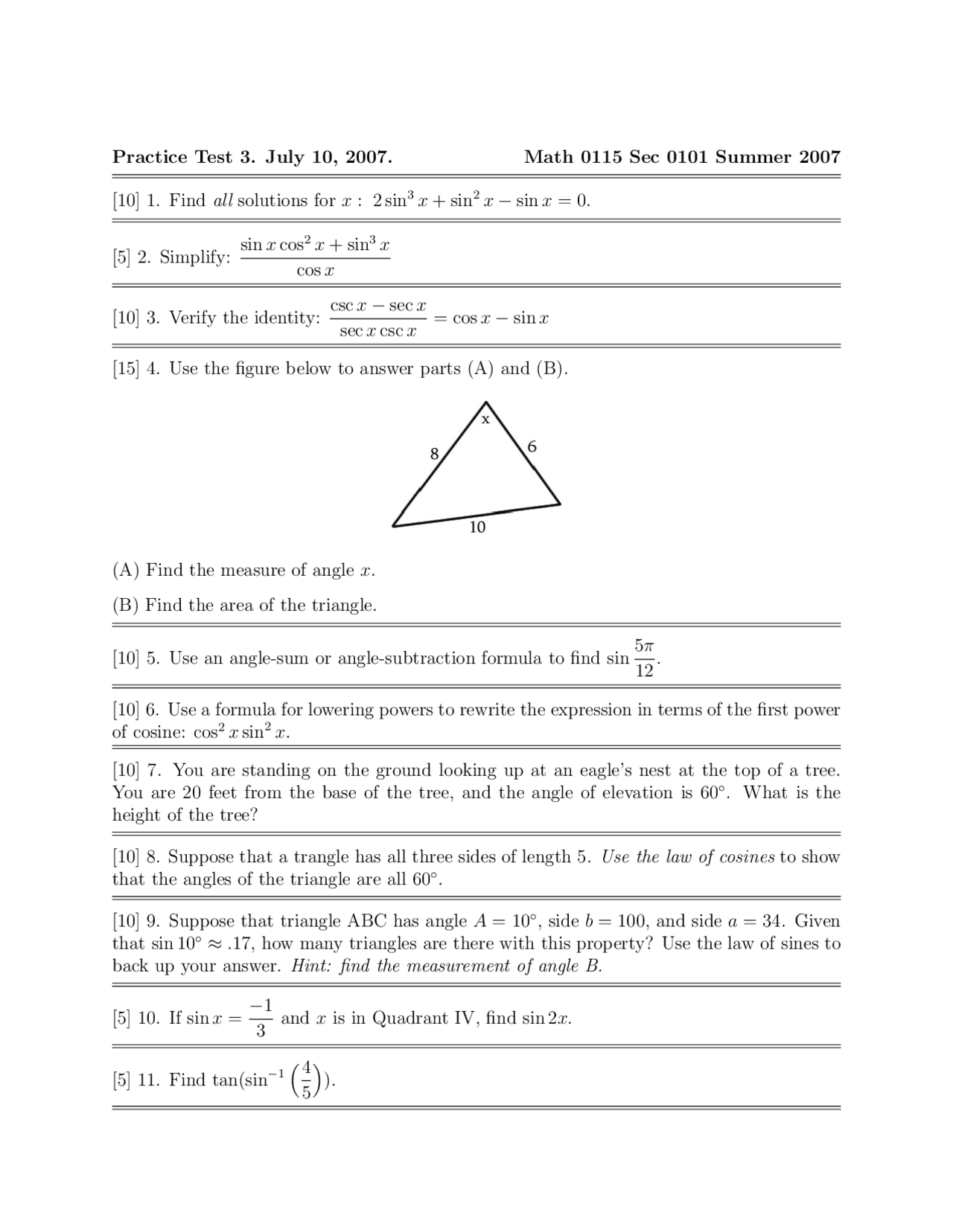 Practice Test 3 Questions Precalculus 2007 Math 115 Docsity