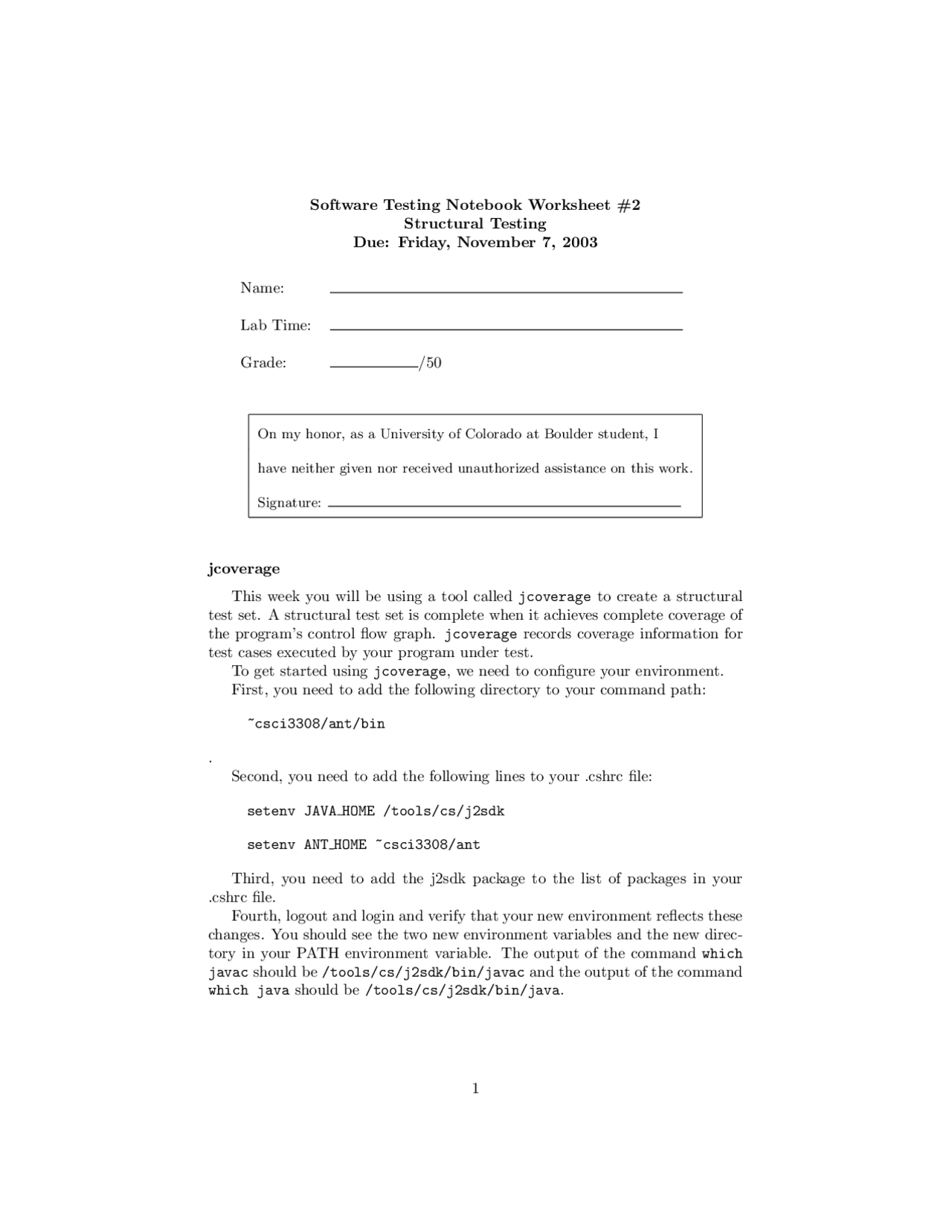 Software Testing Worksheet 2 Software Engineering Methods And Tools Csci 3308 Docsity