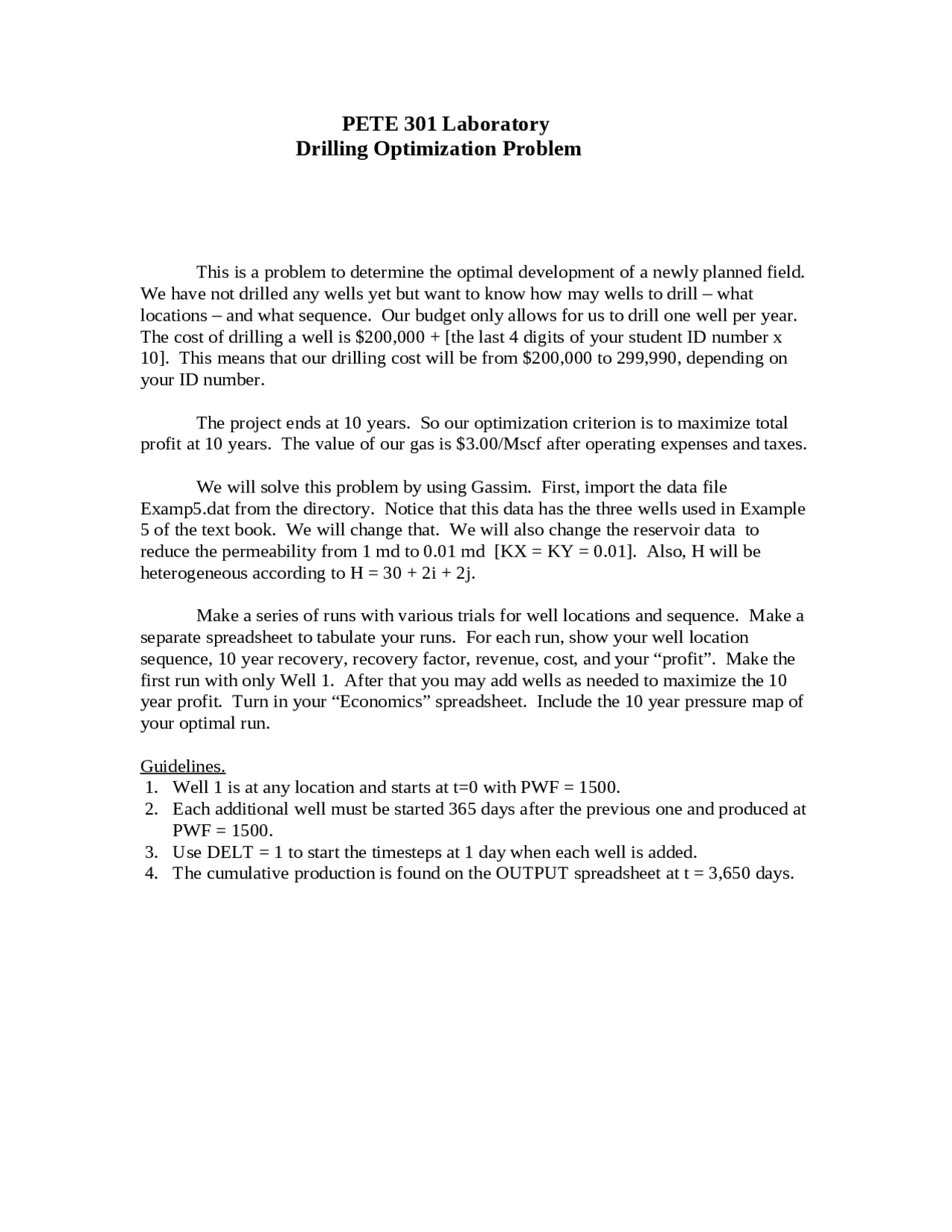 Drilling Optimization Problem: Laboratory | PETE 301 | Assignments Engineering - Docsity