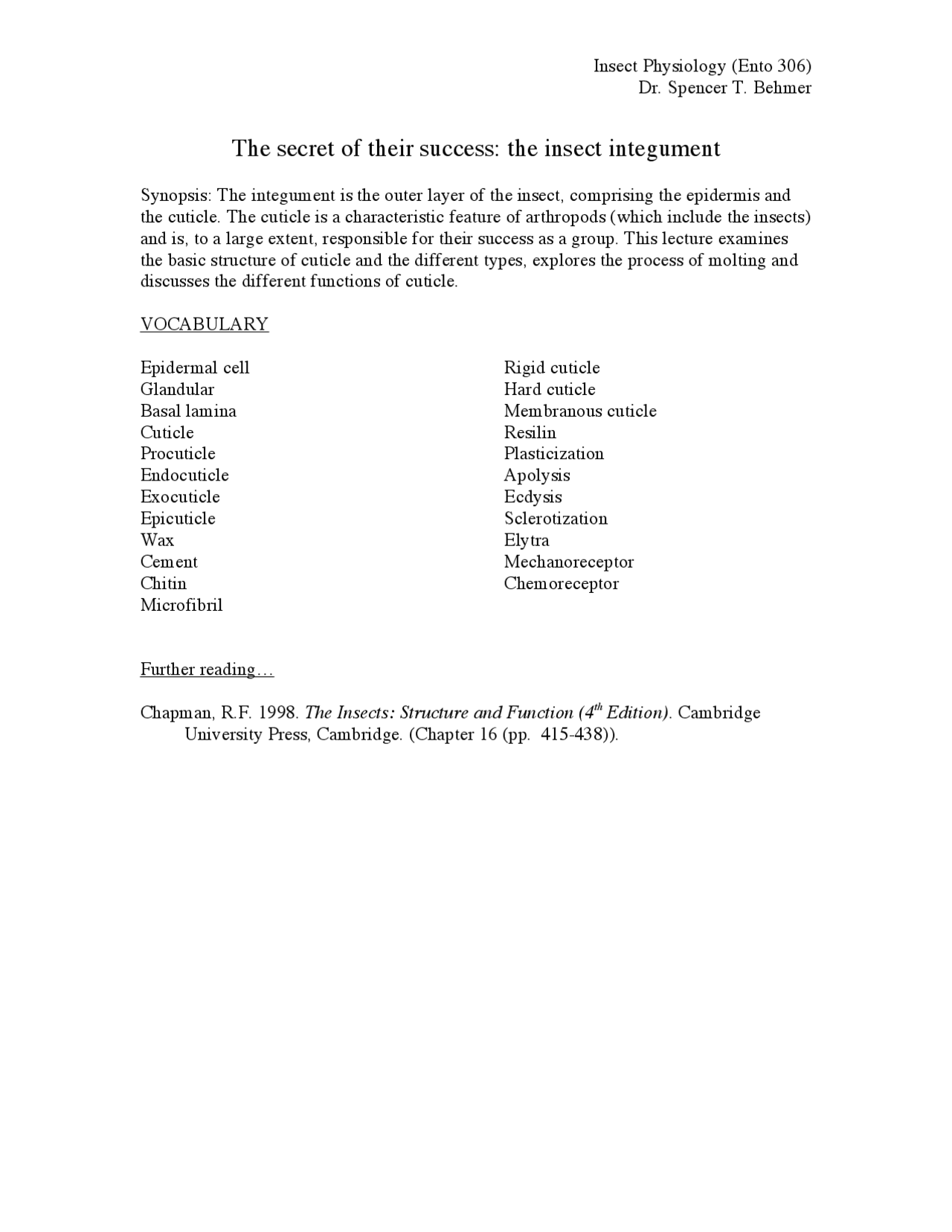 The Secret Of Their Success The Insect Integument Ento 306 Docsity