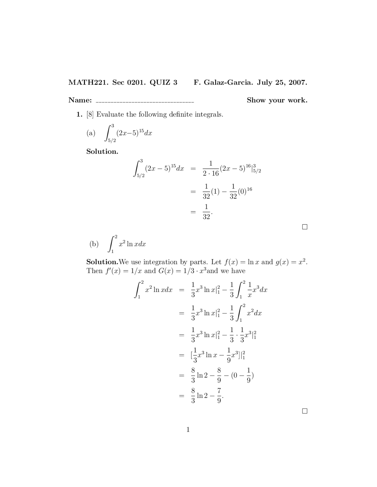 Elementary Calculus Ii Quiz 3 With Solutions Math 221 Docsity