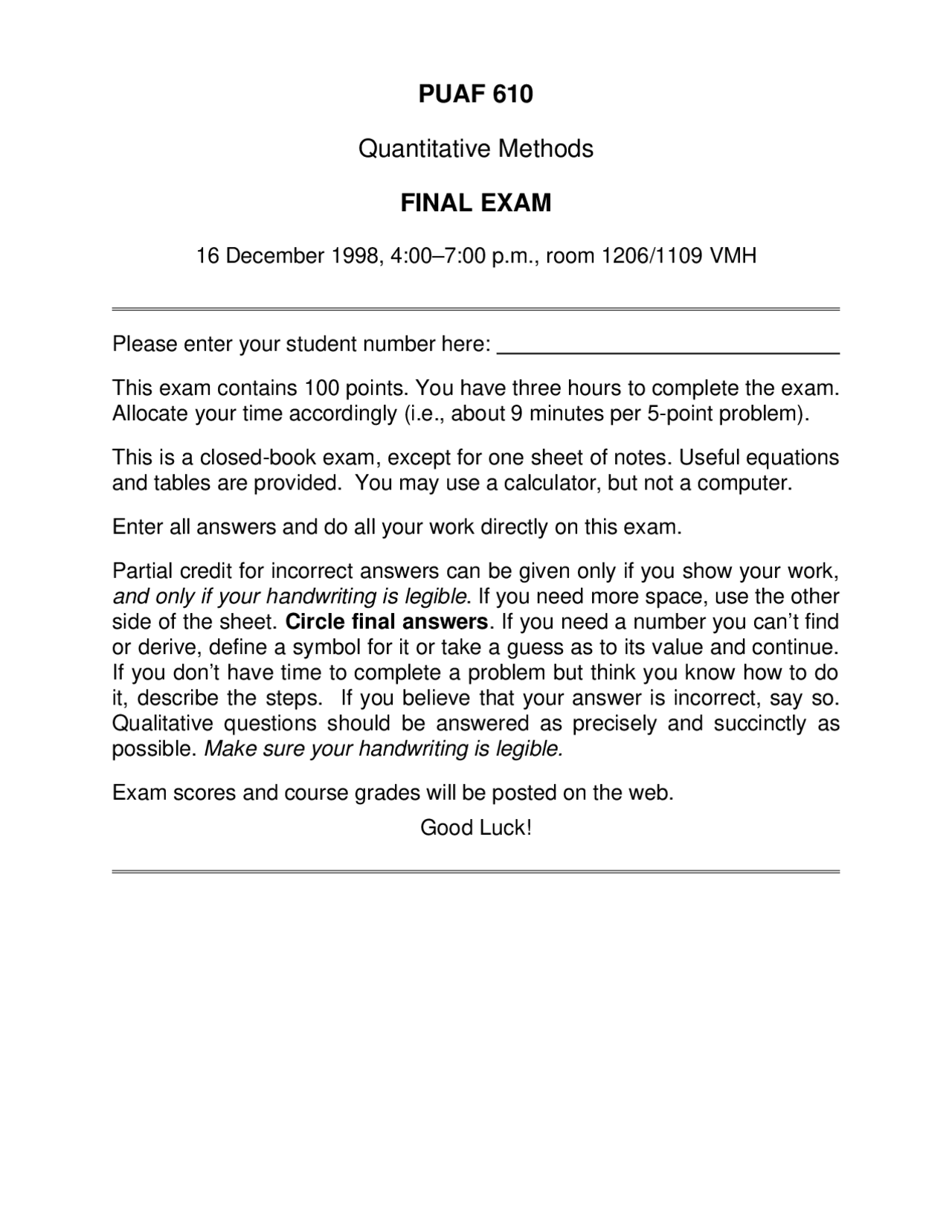 Final Exam Questions For Quantitative Methods Puaf 610 Docsity