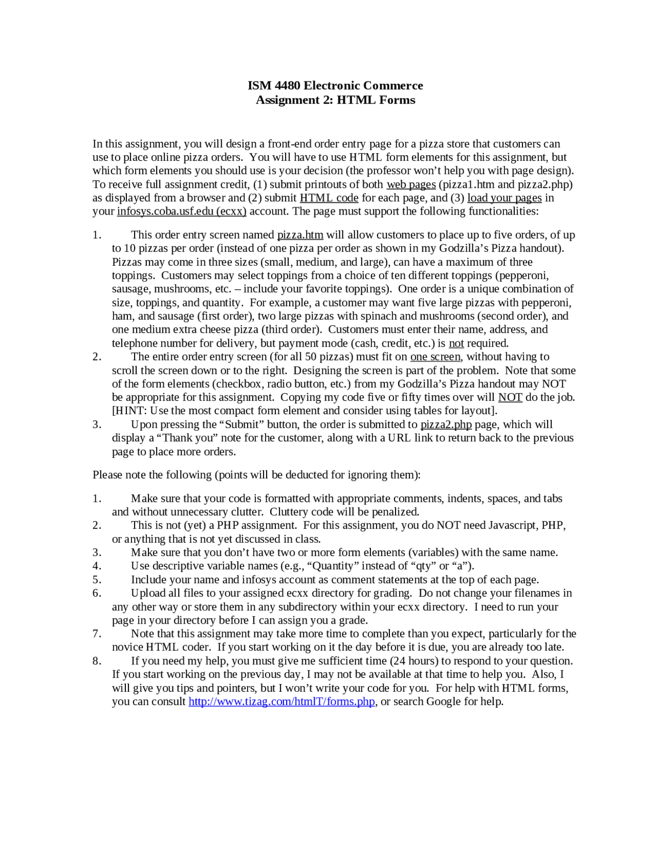 ISM 4480 E-Commerce Assignment 2: Designing Pizza Store Order Page - Prof. Anol Bhattacher ...