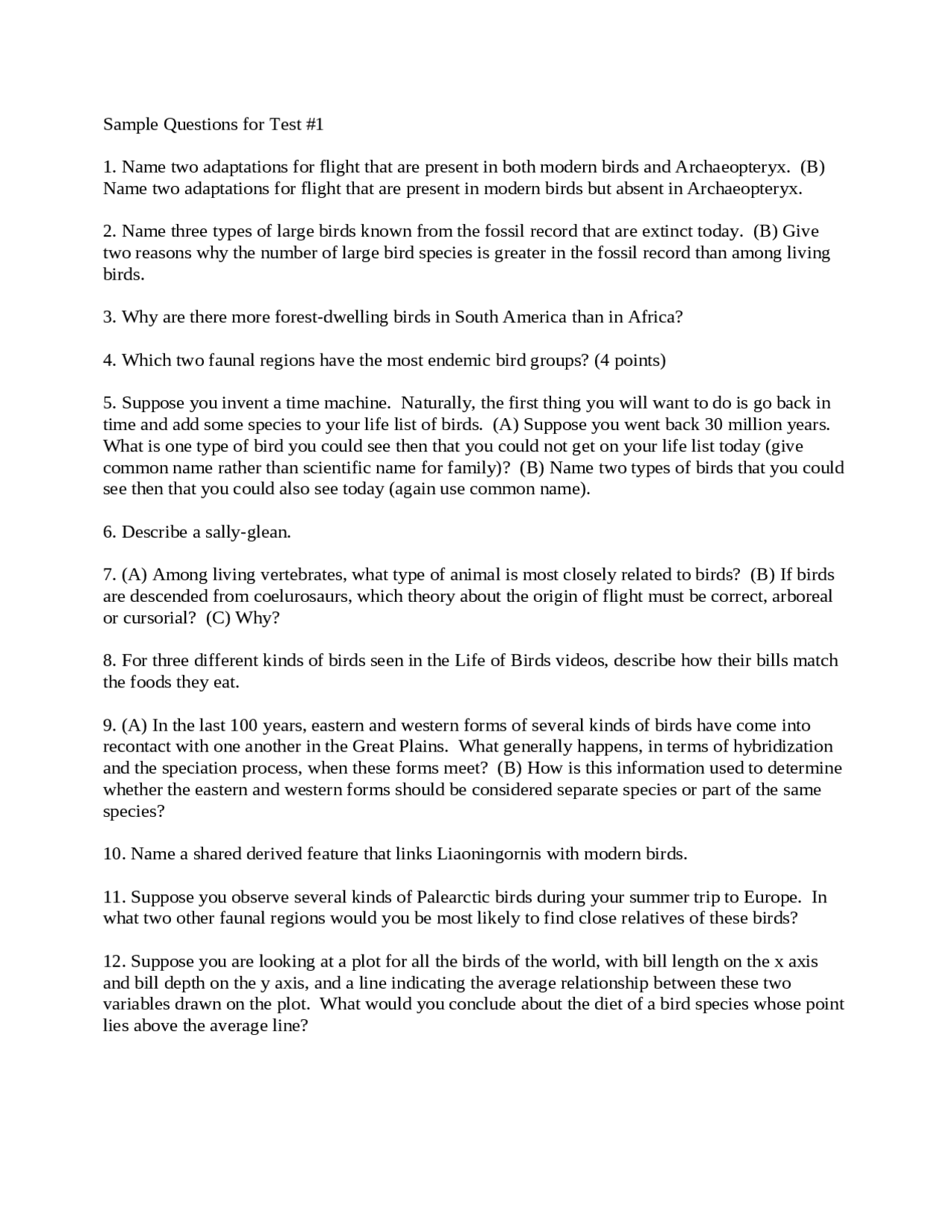 Ornithology - Sample Questions for Test | BIOL 4404 - Docsity