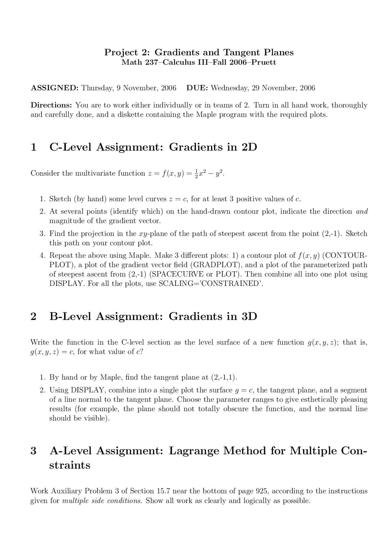 Gradients And Tangent Planes Calculus Iii Project 2 Math 237