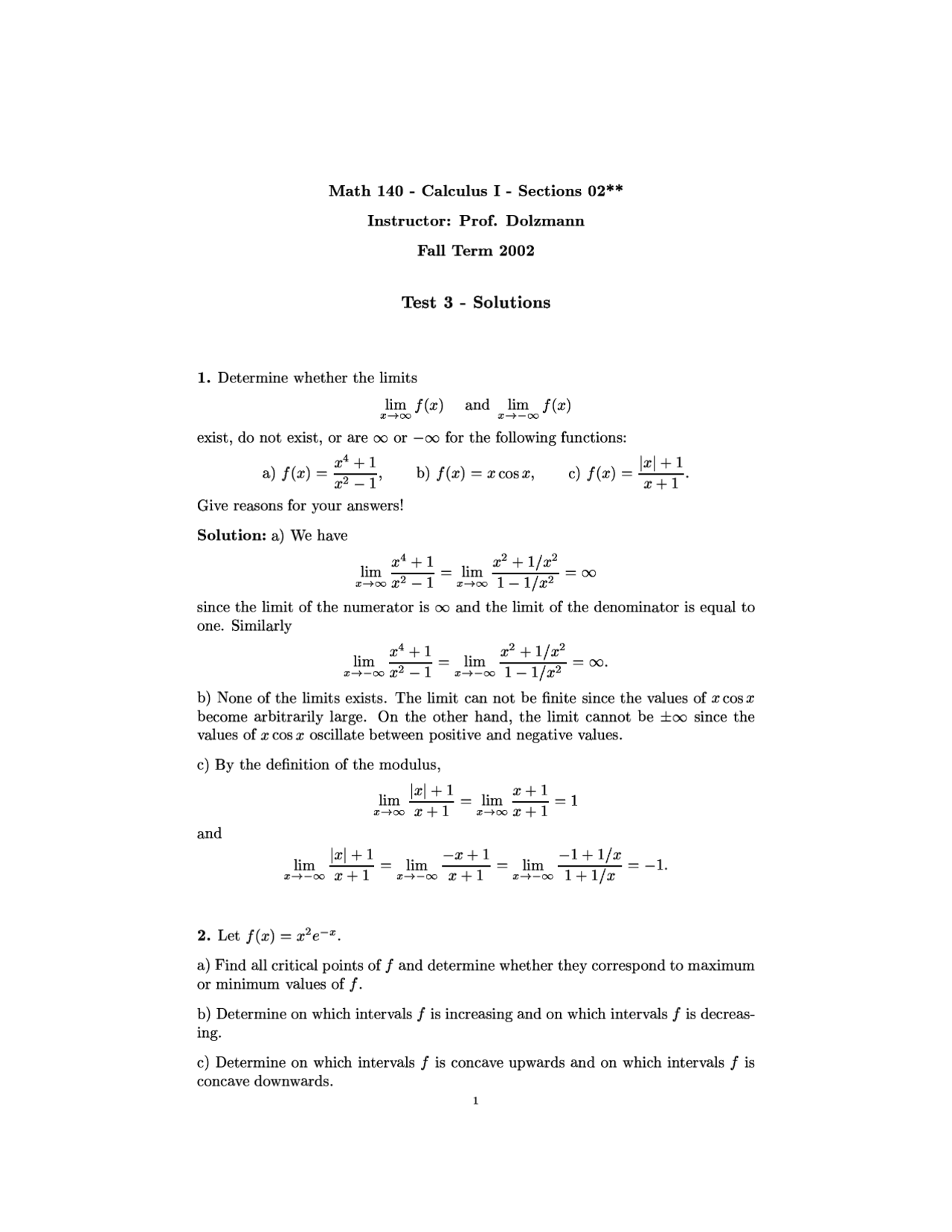 Test 3 Determine The Limits Calculus I Math 140 Docsity