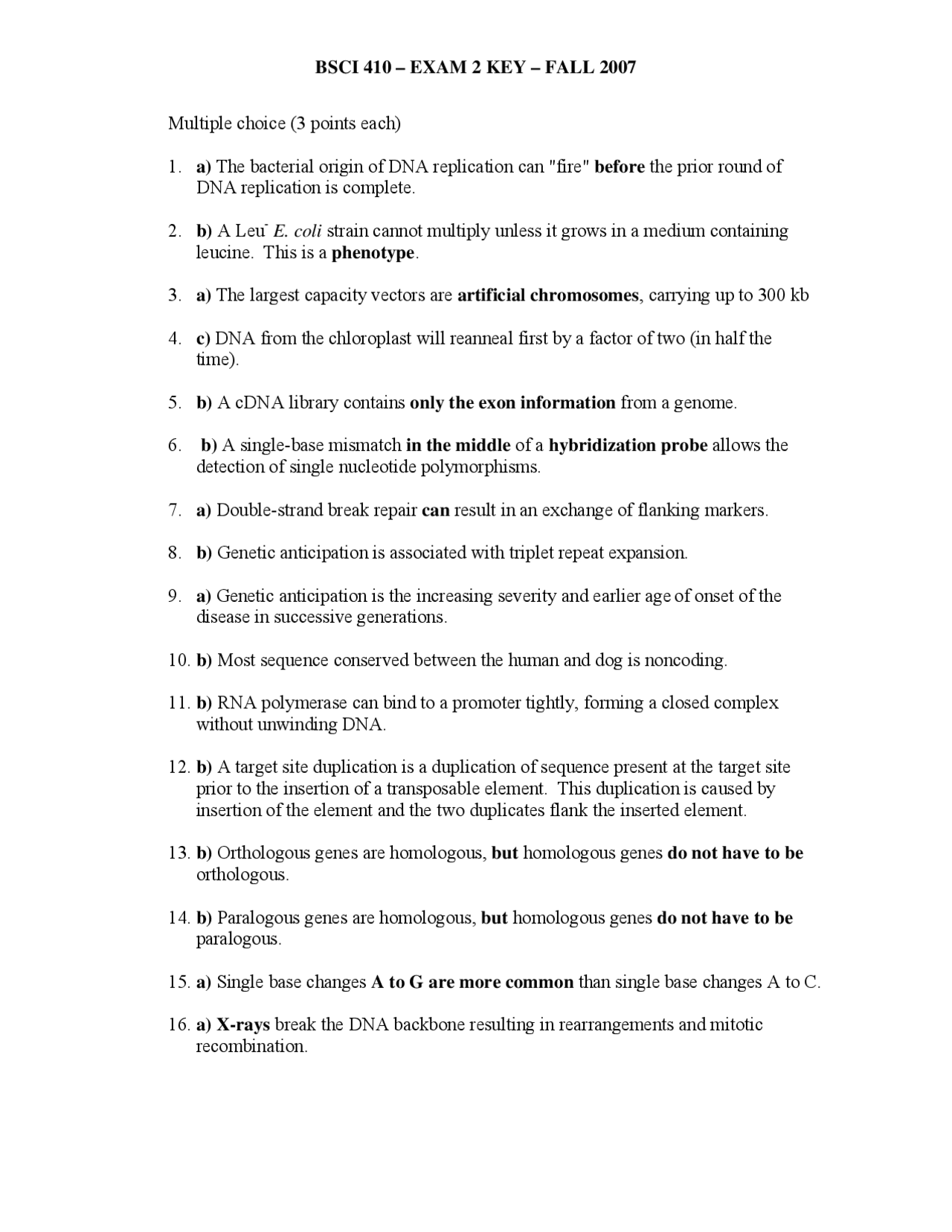 Past Exam 2 With Answer Key Molecular Genetics Bsci 410 Docsity