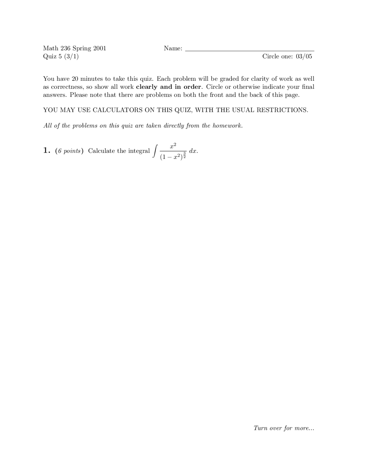 Quiz 5 Problems Calculus Ii Fall 2001 Math 236 Docsity