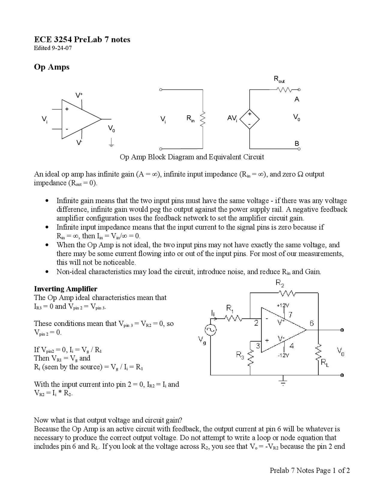 Operational Amplifiers Pre Lab 7 Notes Ece 3254 Docsity