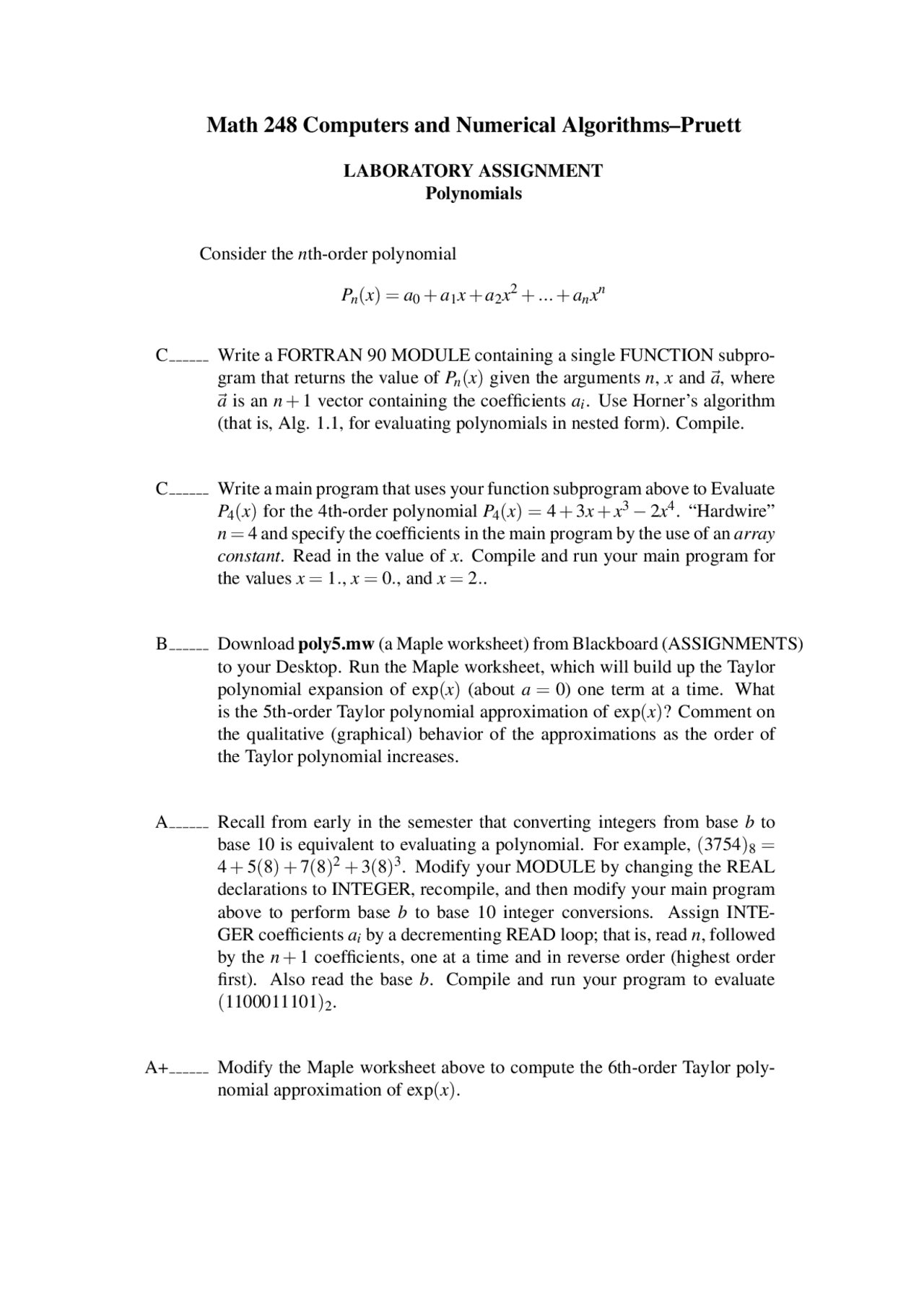 Polynomials Laboratory Assignment Math 248 Docsity