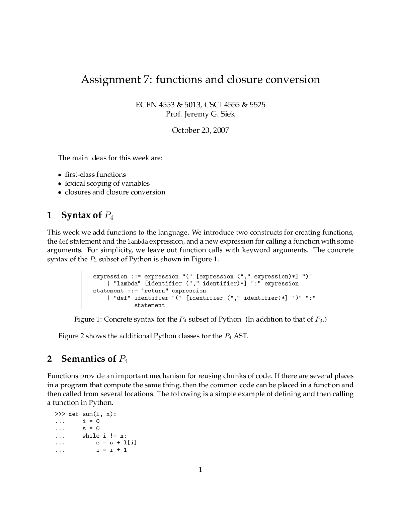 Assignment 7 Functions And Closure Conversion Ecen 4553 Docsity