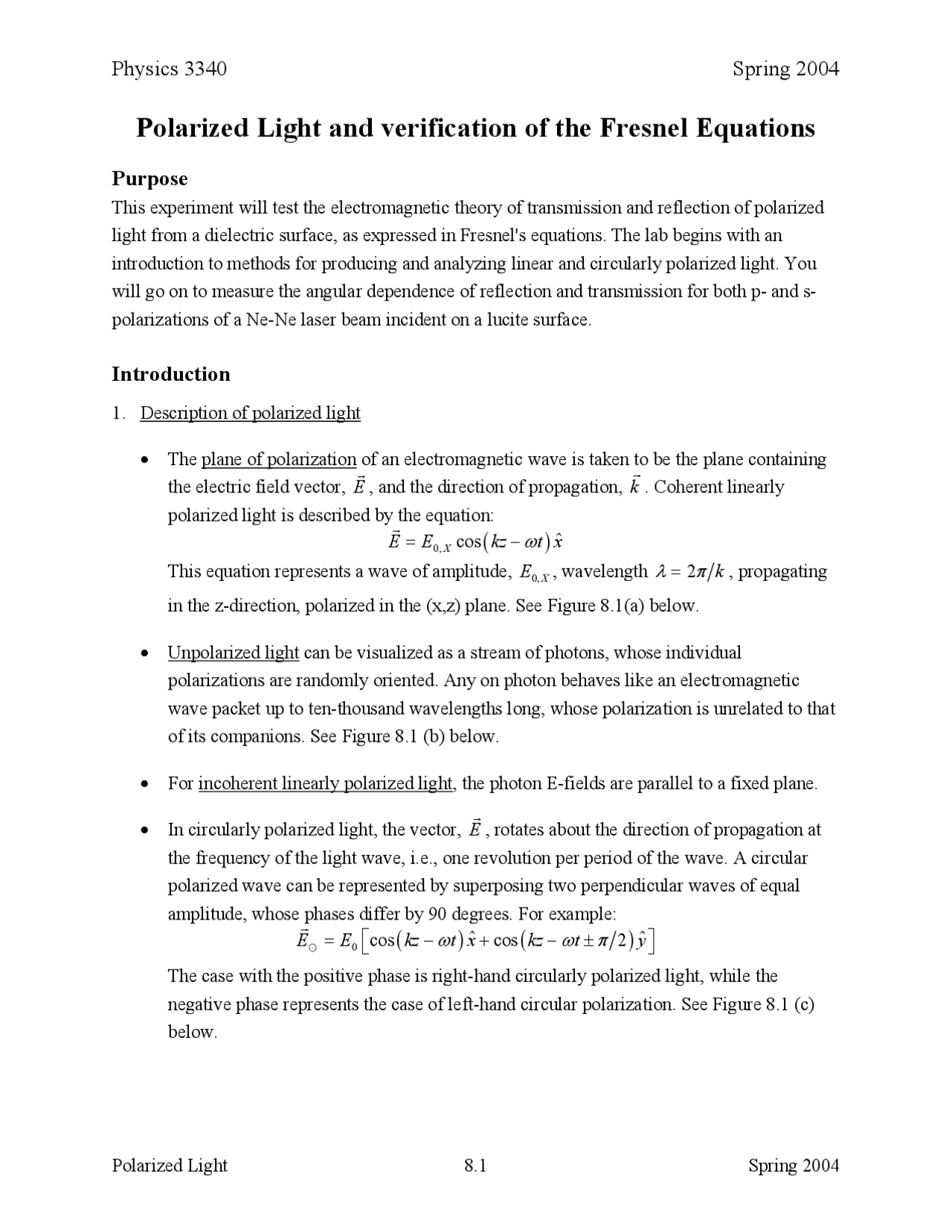 Polarized Light and Verification of the Fresnel Equations | PHYS 3340 ...