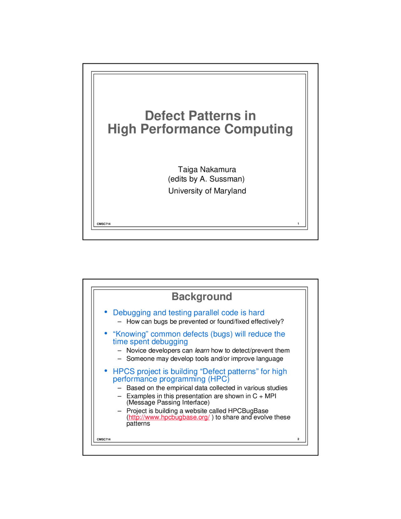 Defect Patterns In High Performance Computing Lecture Slides Cmsc 714 Docsity