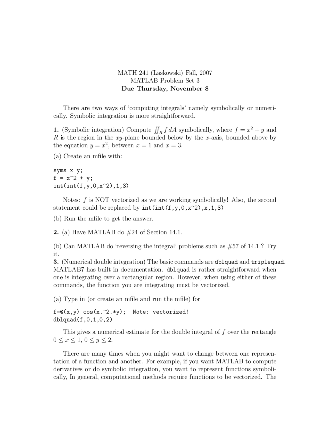 Matlab Problem Set 3 Symbolic Integration Calculus Iii Math 241