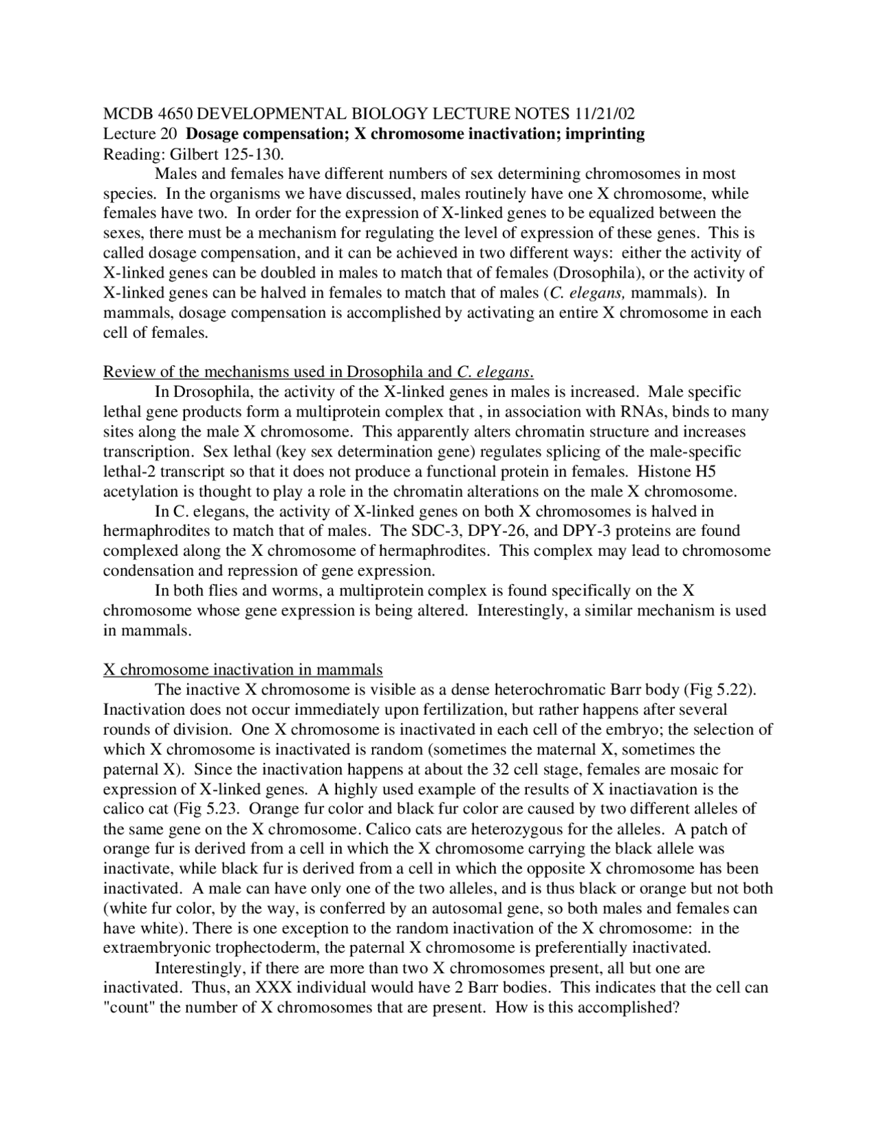 Dosage Compensation - Docsity