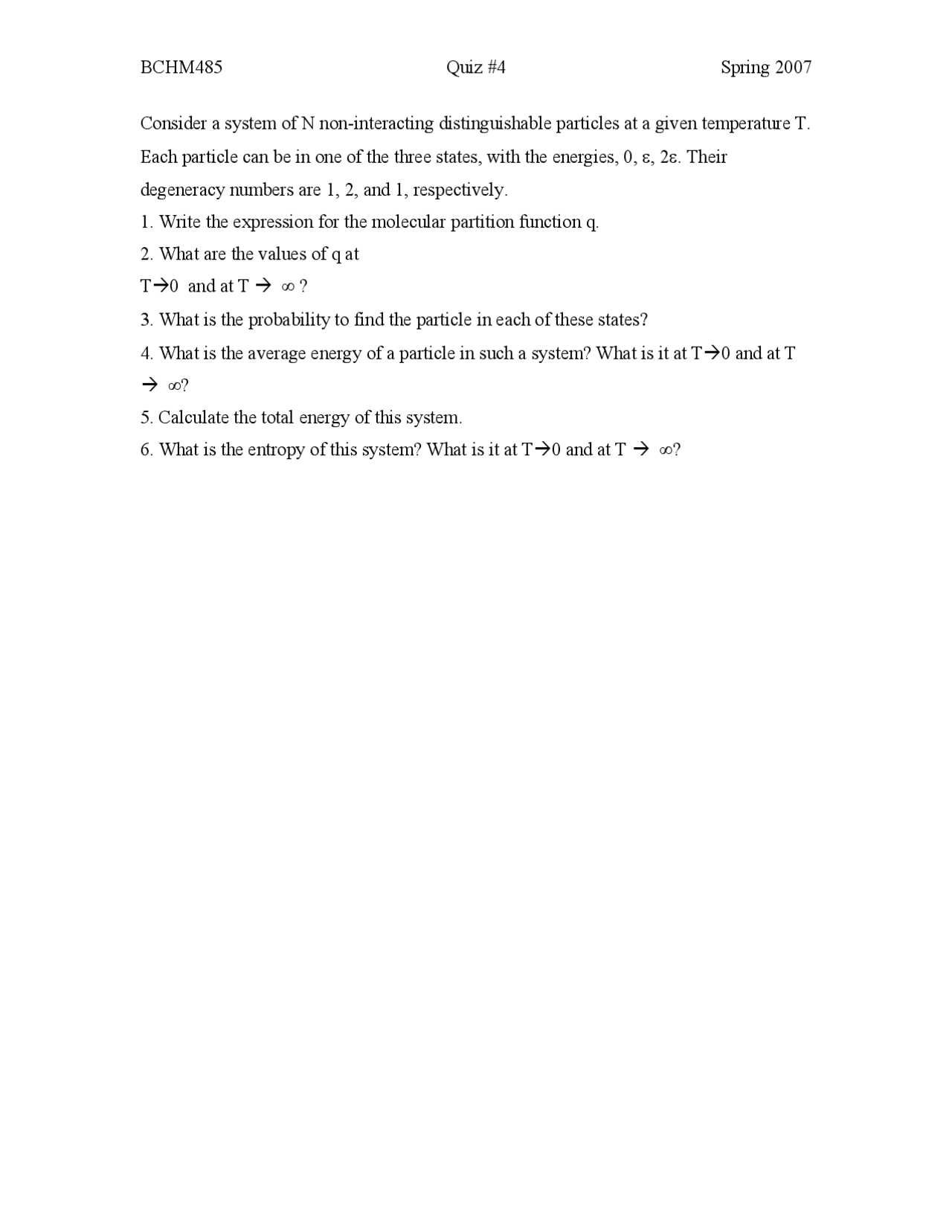 Quiz 4 Physical Biochemistry Spring 2007 Bchm 485 Docsity