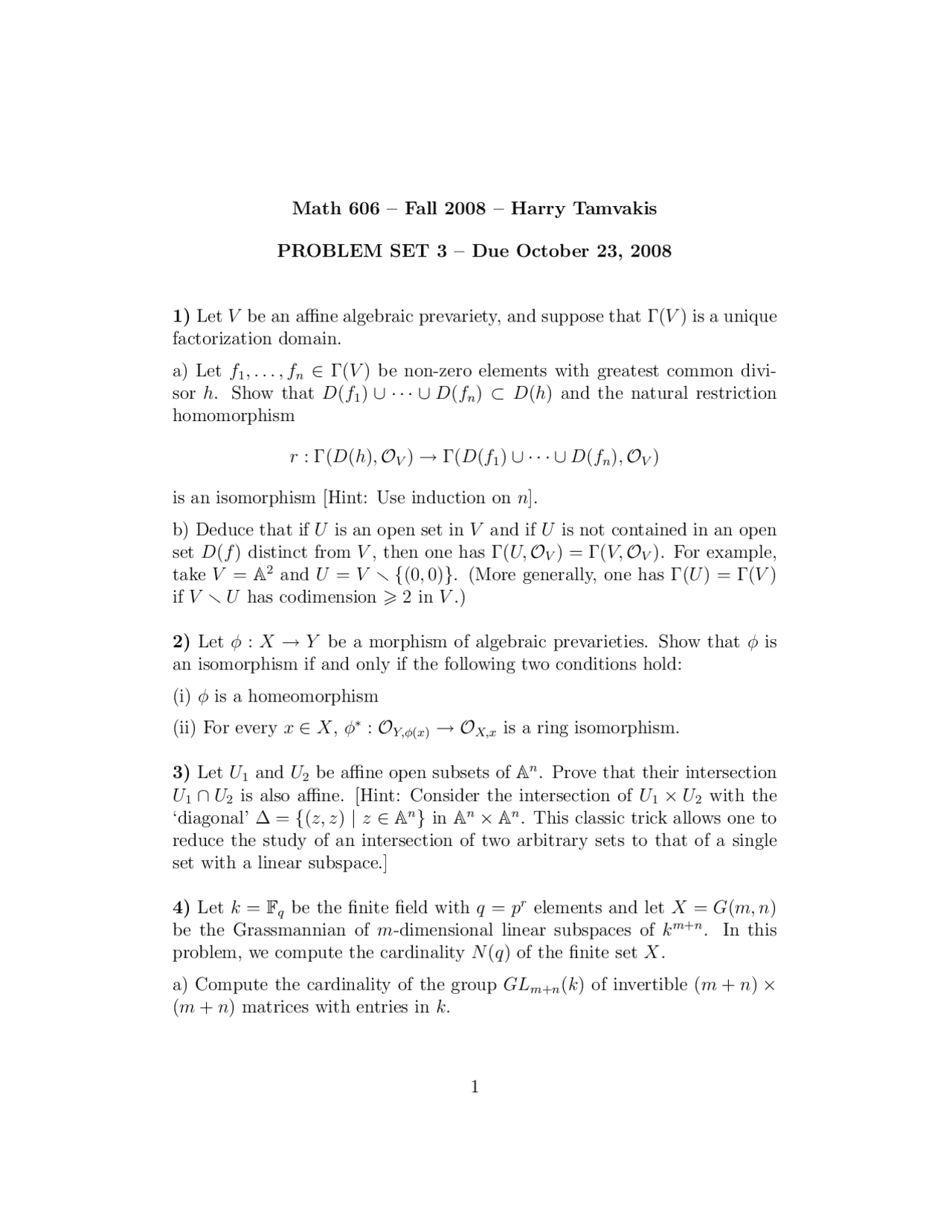 Problem Set 3 Algebraic Geometry I Math 606 Docsity