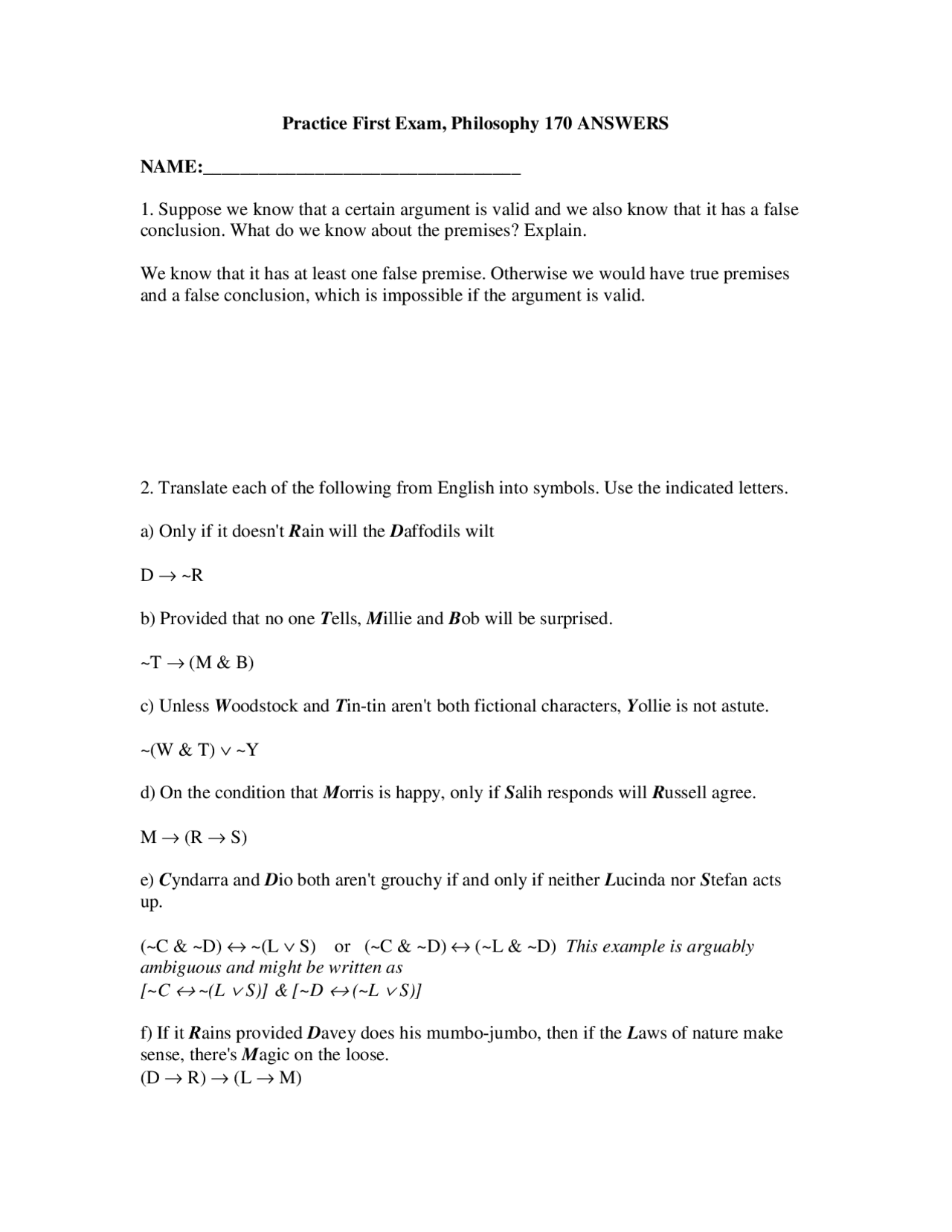 Practice Questions for Exam 1 - Introduction to Logic | PHIL 170 | Exams Reasoning | Docsity