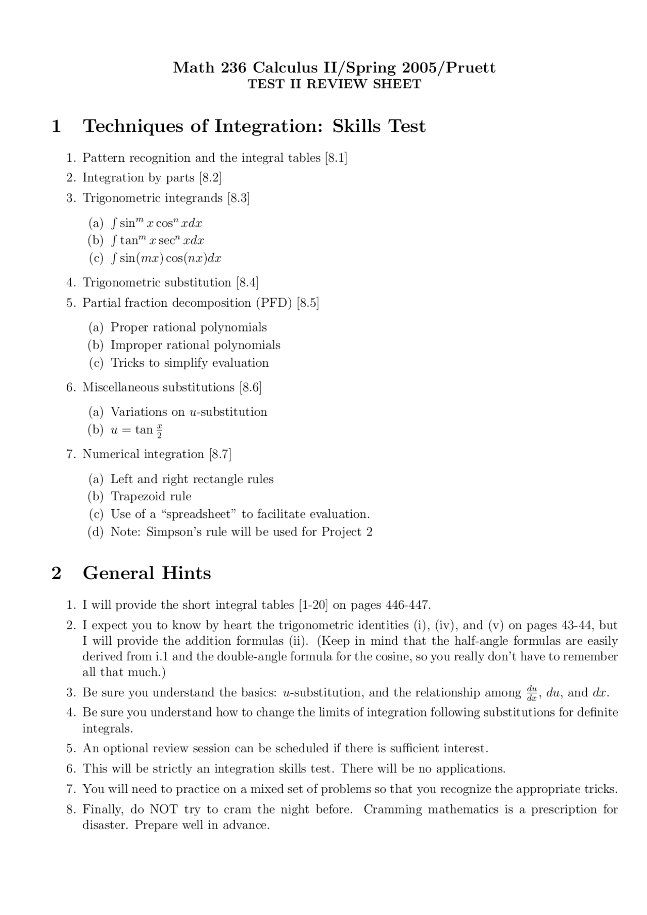 Test 2 Review Sheet Calculus Ii Math 236 Docsity