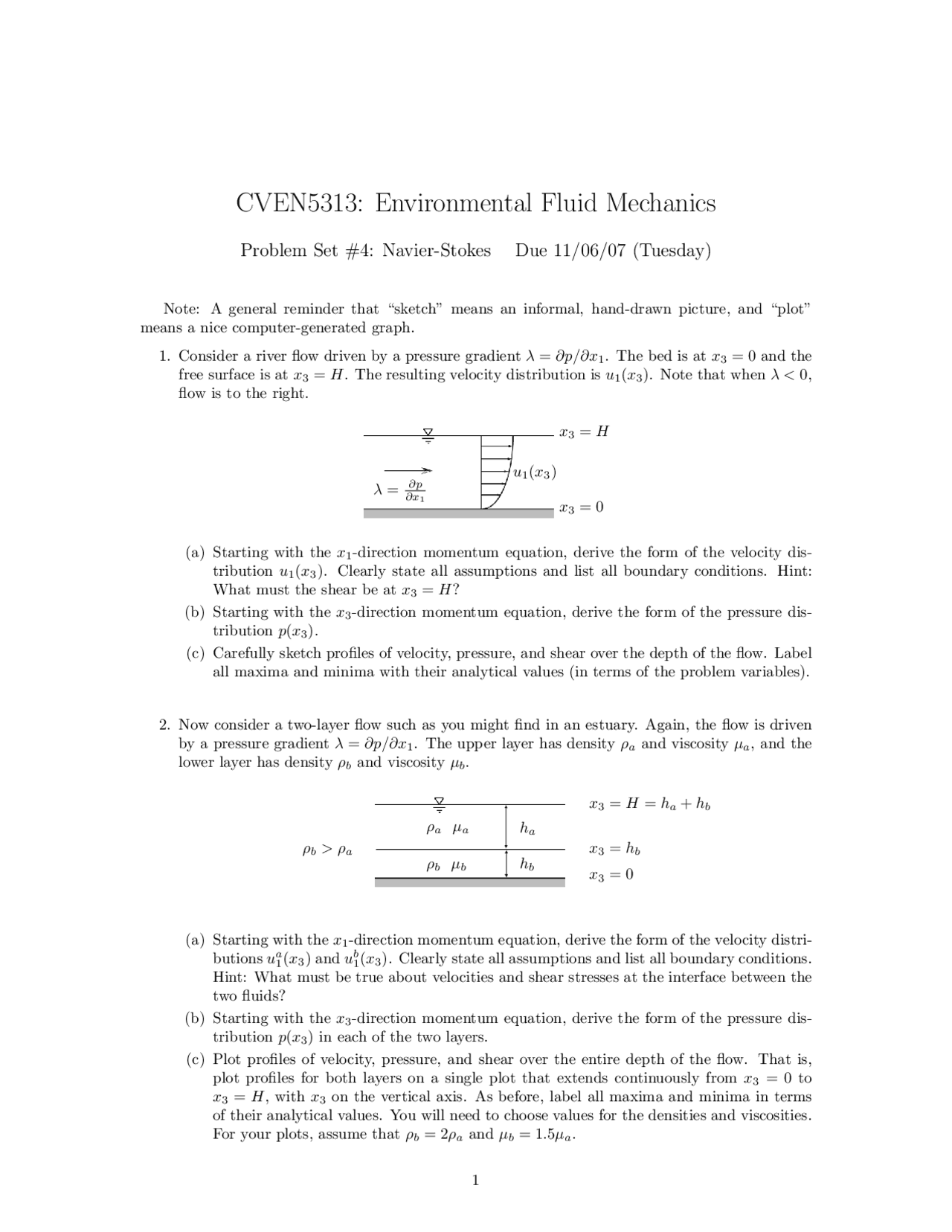 Navier Stokes Equations - Problem Set 4 | CVEN 5313 - Docsity