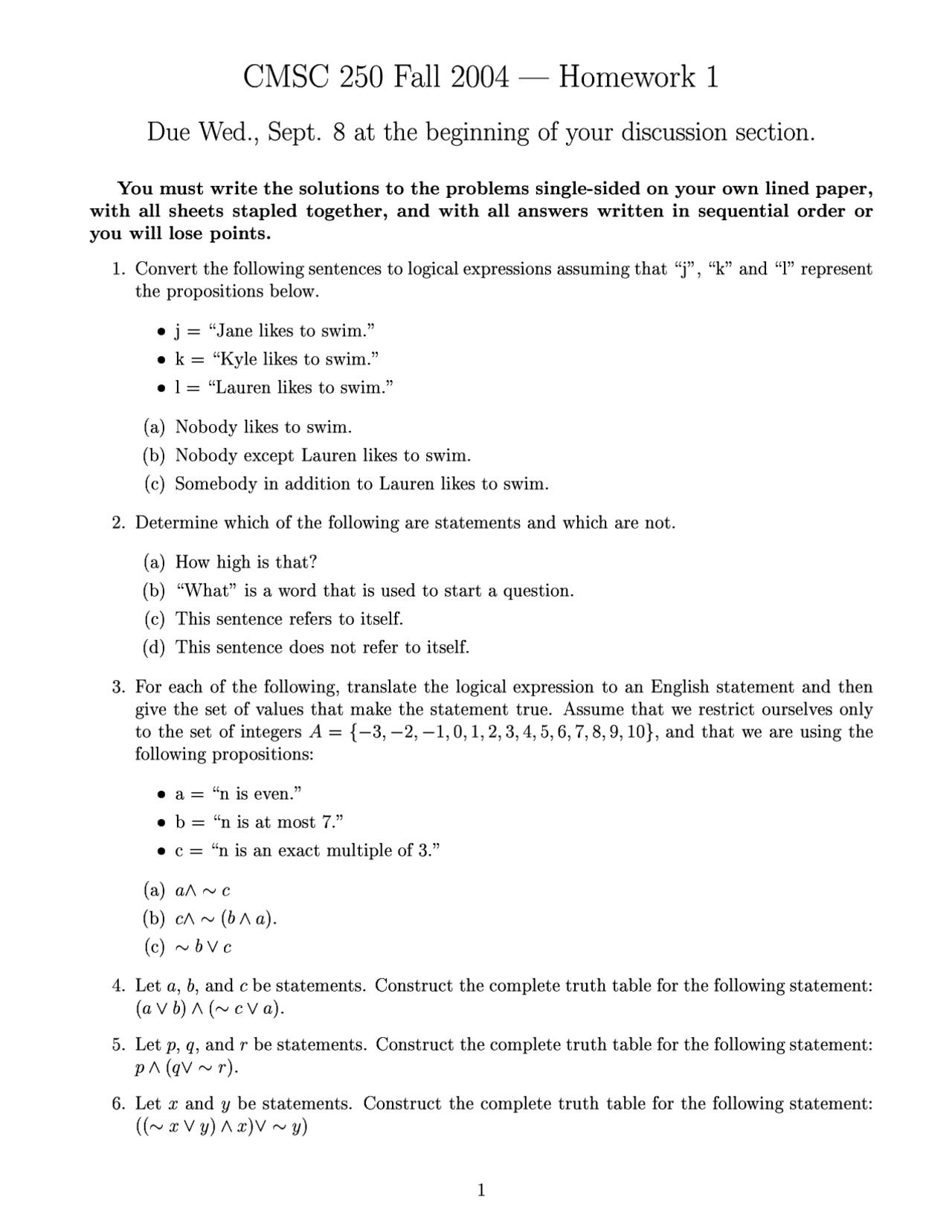 Homework 1 Discrete Structures Fall 2004 Cmsc 250 Docsity